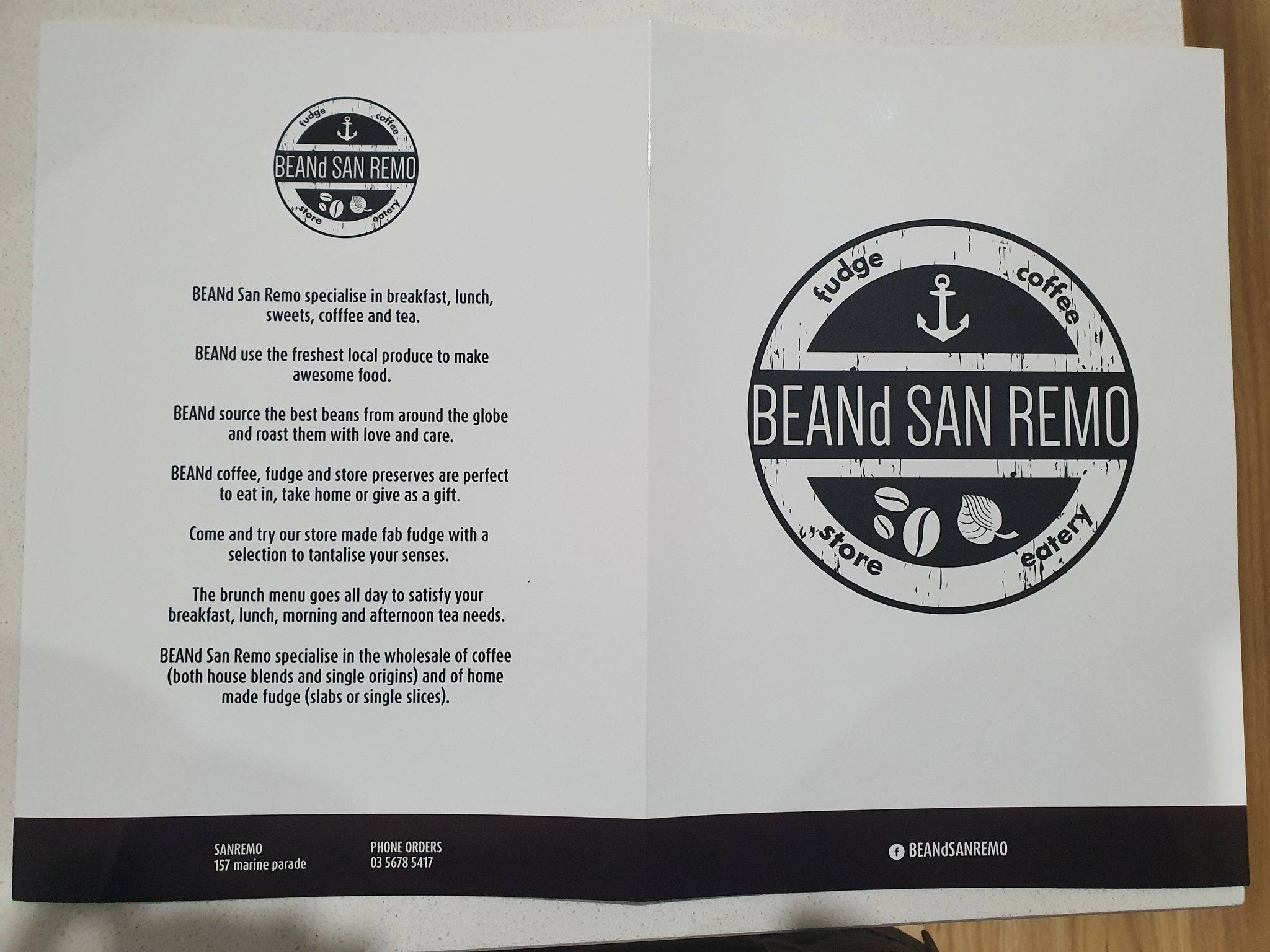 Menu at BEANd Cafe San Remo, San Remo