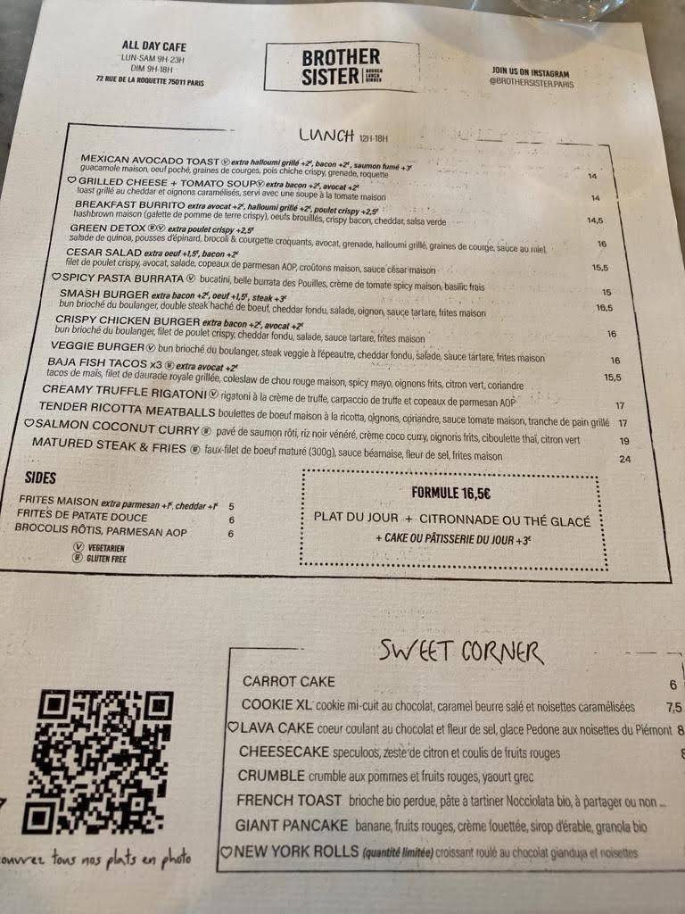 Menu at BROTHER SISTER Brunch Lunch Dinner restaurant, Paris