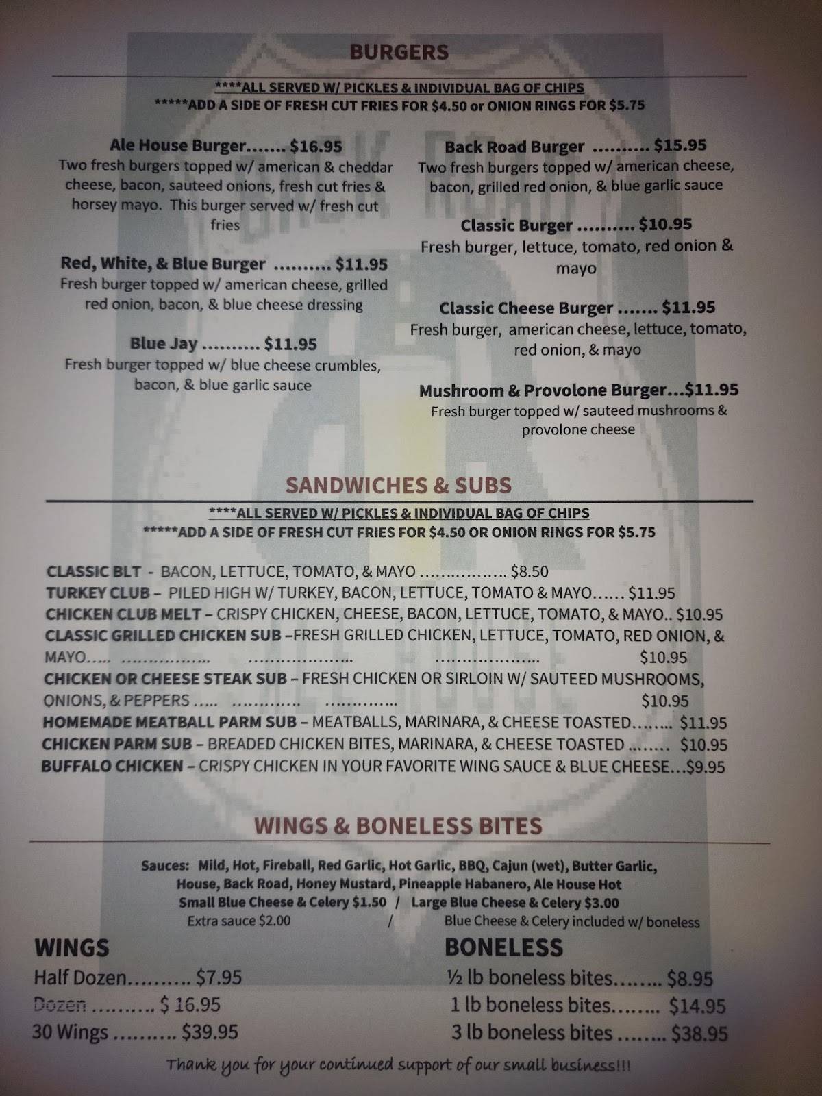 Menu at Back Road Ale House pub & bar, Swoyersville