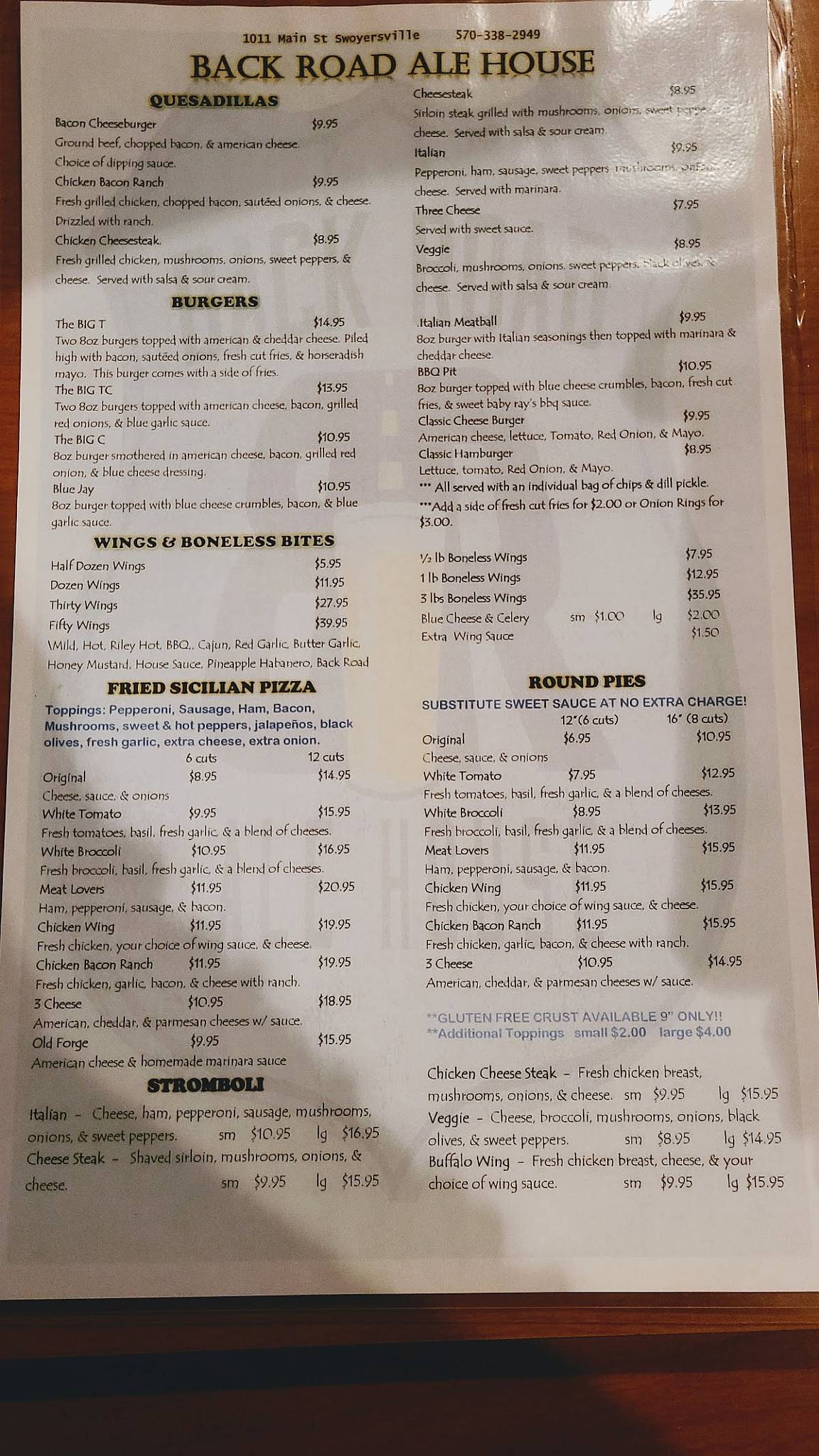 Menu at Back Road Ale House pub & bar, Swoyersville