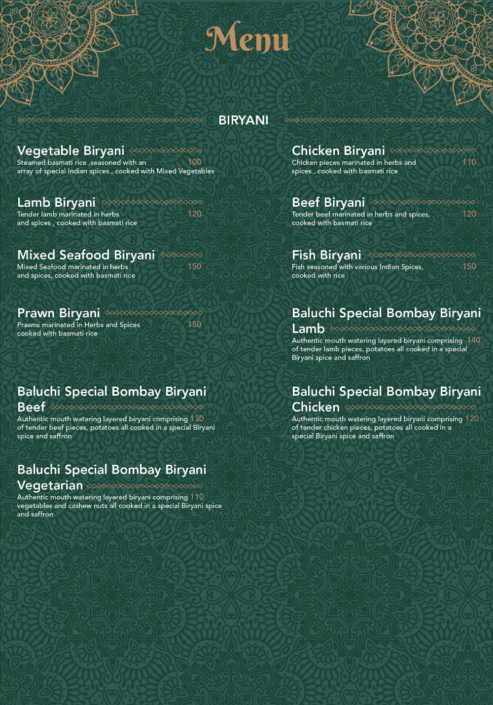 Menu at Baluchi Restaurant, Sandton