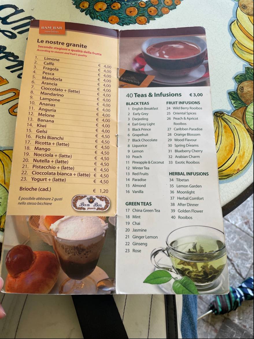 Menu da Bam Bar, Taormina