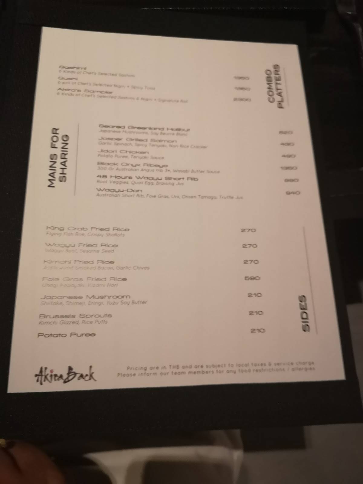 Menu at Akira Back restaurant, Bangkok
