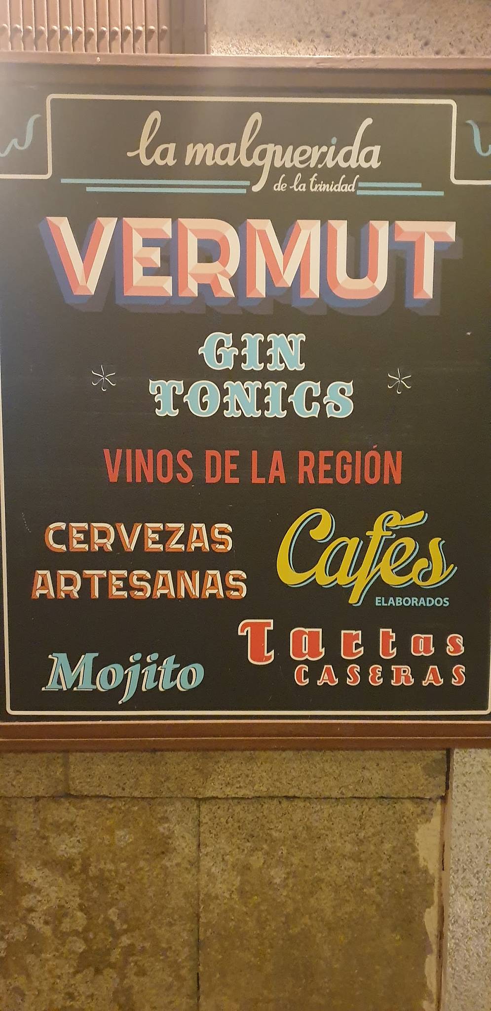 Carta del restaurante La Malquerida del la Trinidad, Toledo