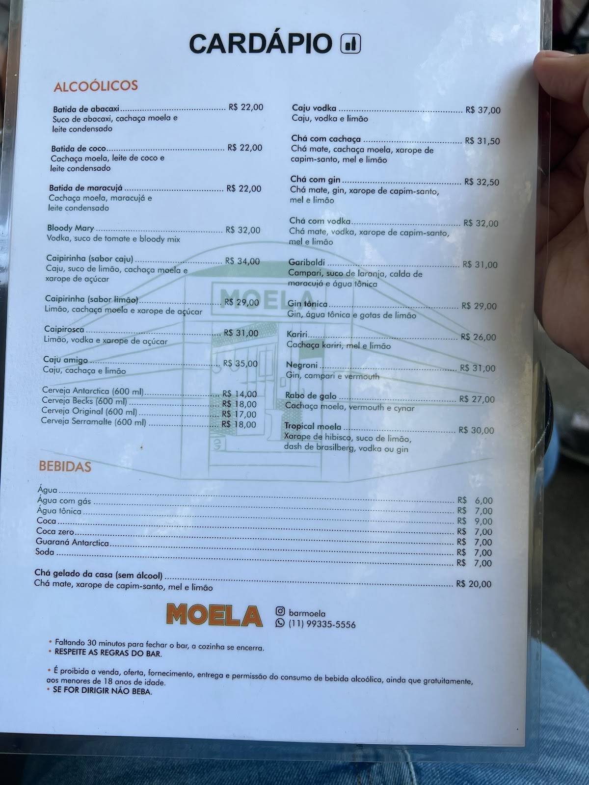 Menu em Bar Moela, São Paulo, R. Canuto do Val