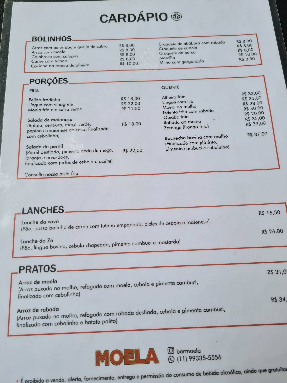 Menu em Bar Moela, São Paulo, R. Canuto do Val