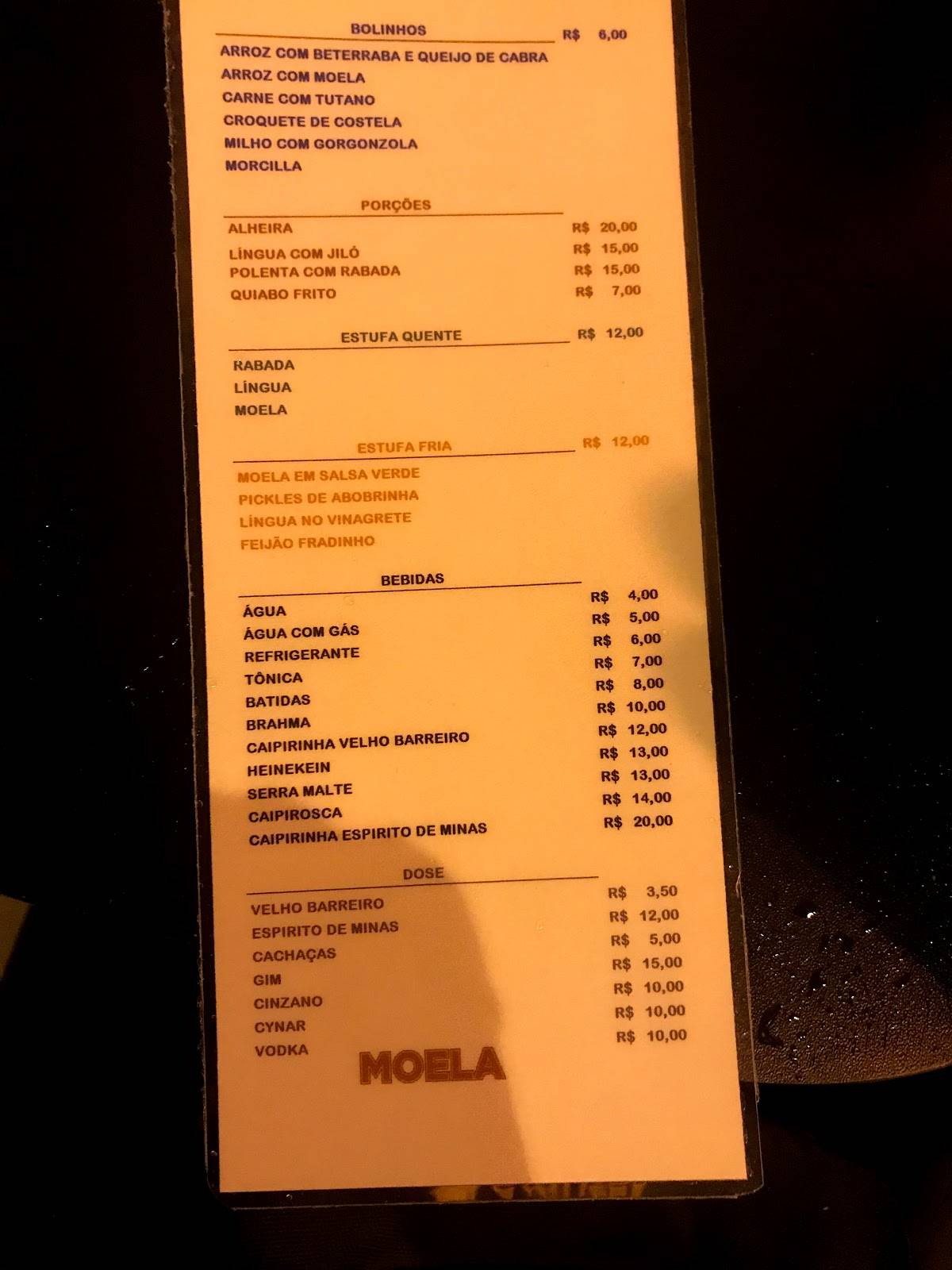 Menu em Bar Moela, São Paulo, R. Canuto do Val