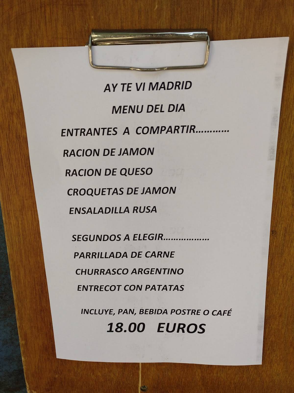 Carta de Bar / Restaurante "AY TE VI", Madrid
