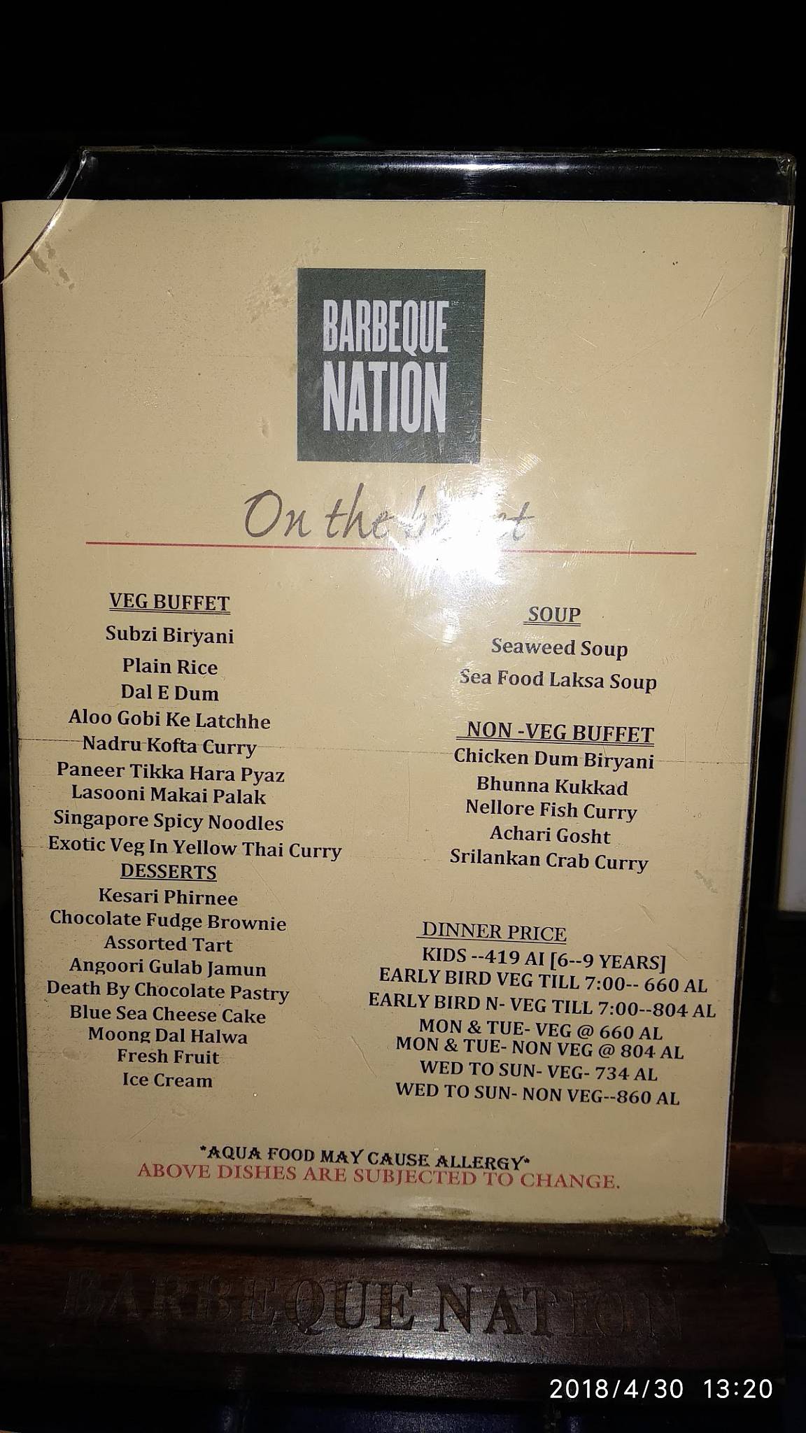 Menu at Barbeque Nation, Guwahati