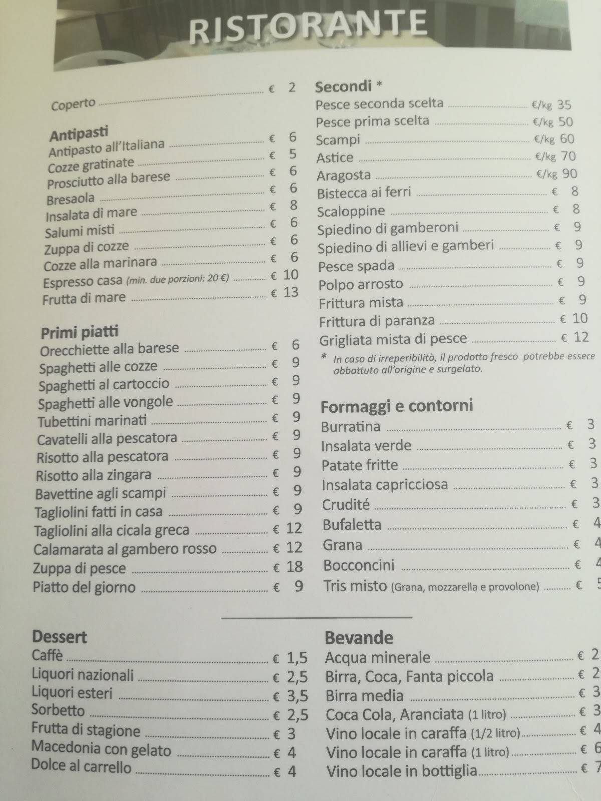 Menu da Zia Teresa ristorante, Bari