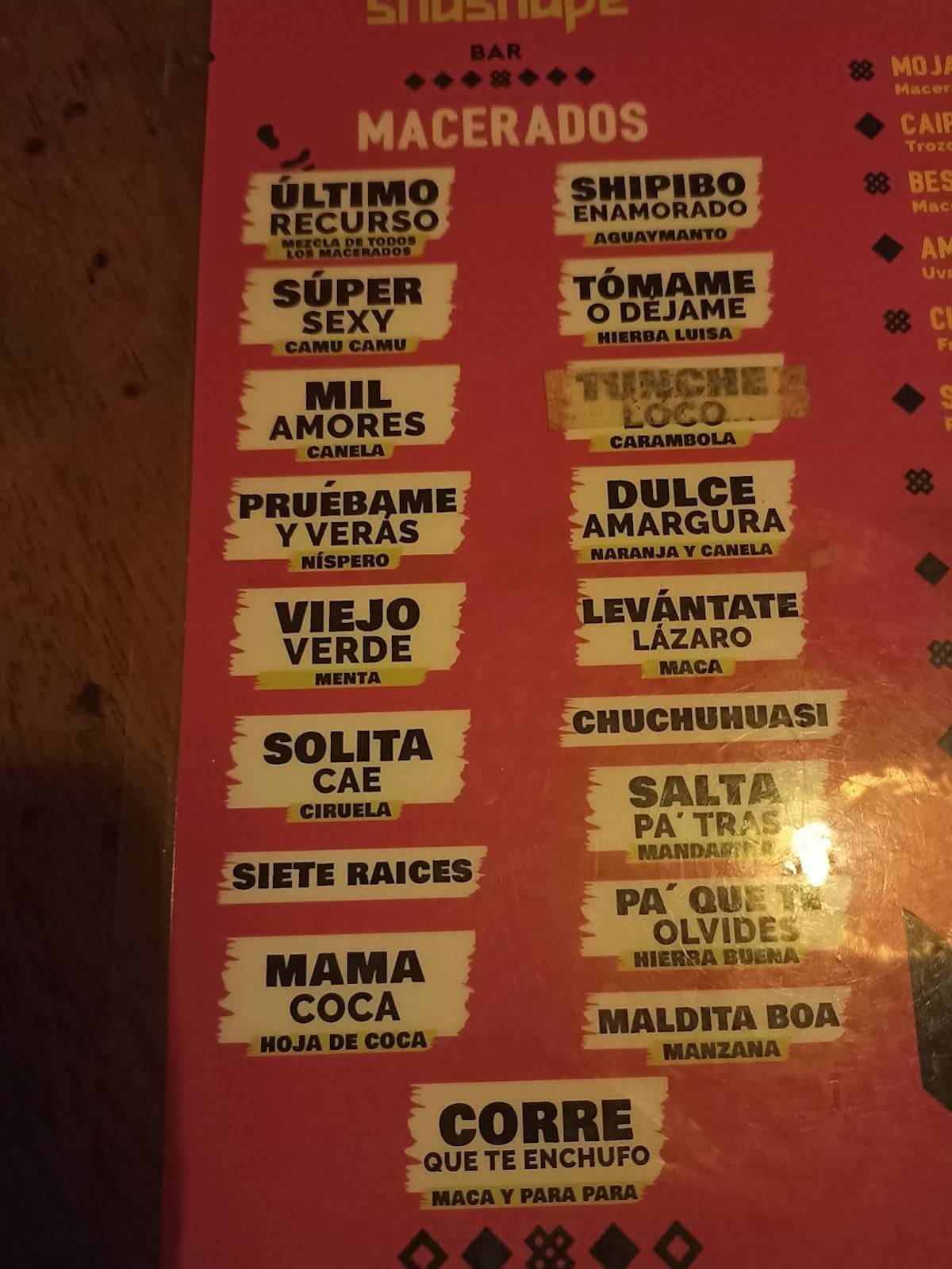 Carta de Shushupe Bar Barranco, Barranco