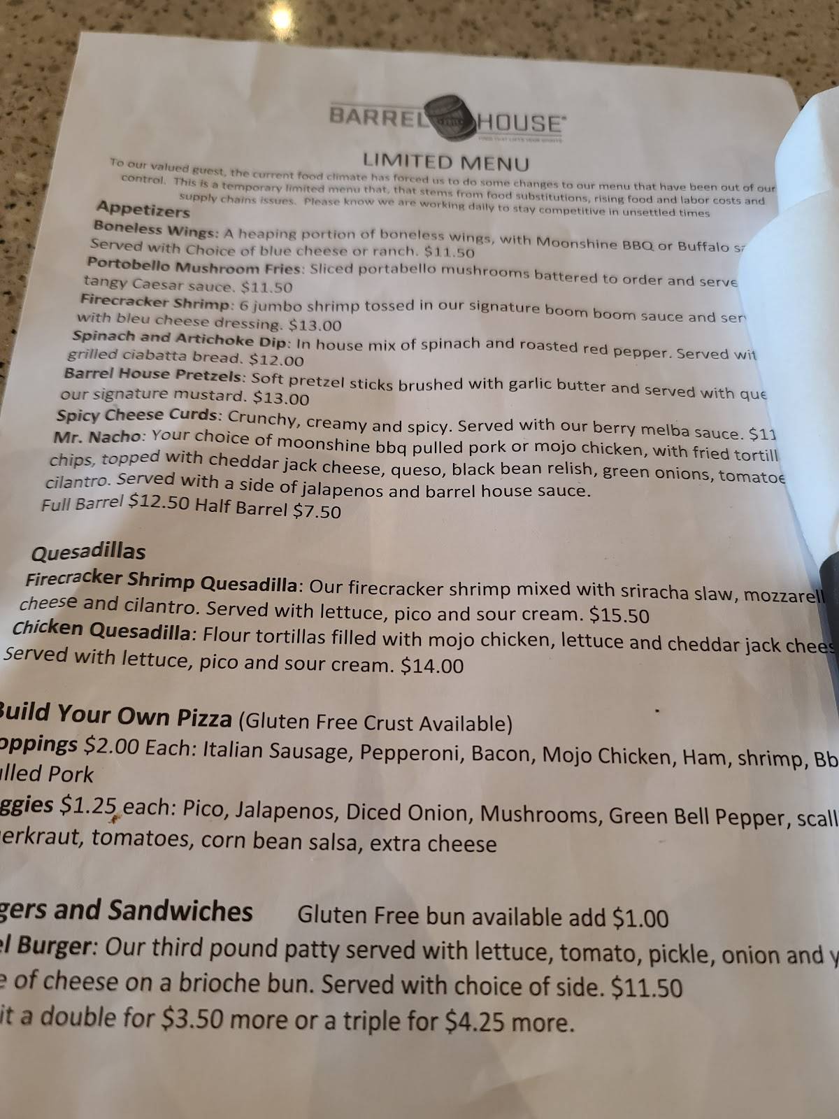 Menu at Barrel House, Dubuque
