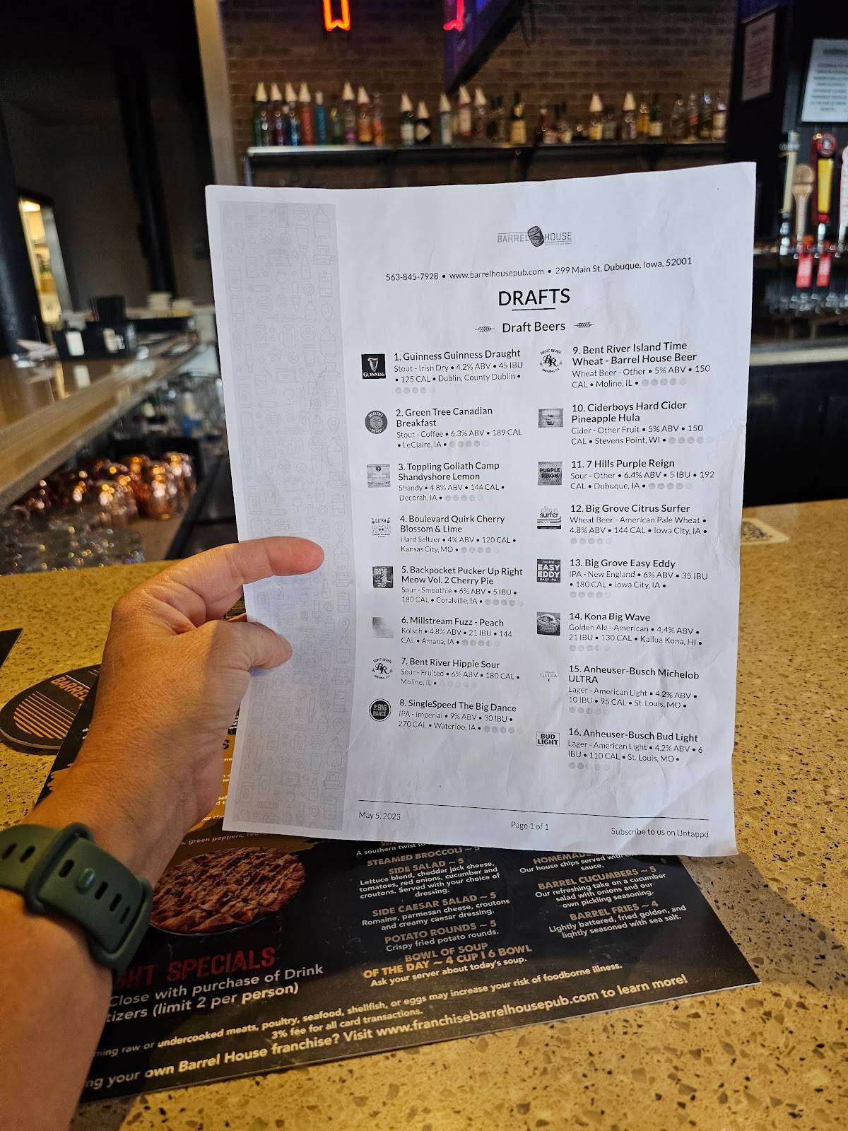 Menu at Barrel House, Dubuque