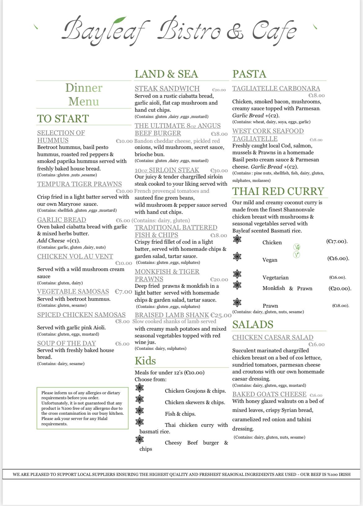 Menu at Bayleaf Bistro restaurant, Bandon