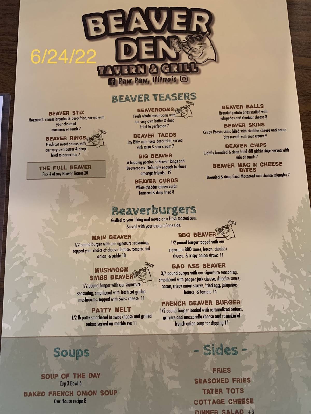 Menu at Beaver Den Tavern & Grill Co. restaurant, Paw Paw