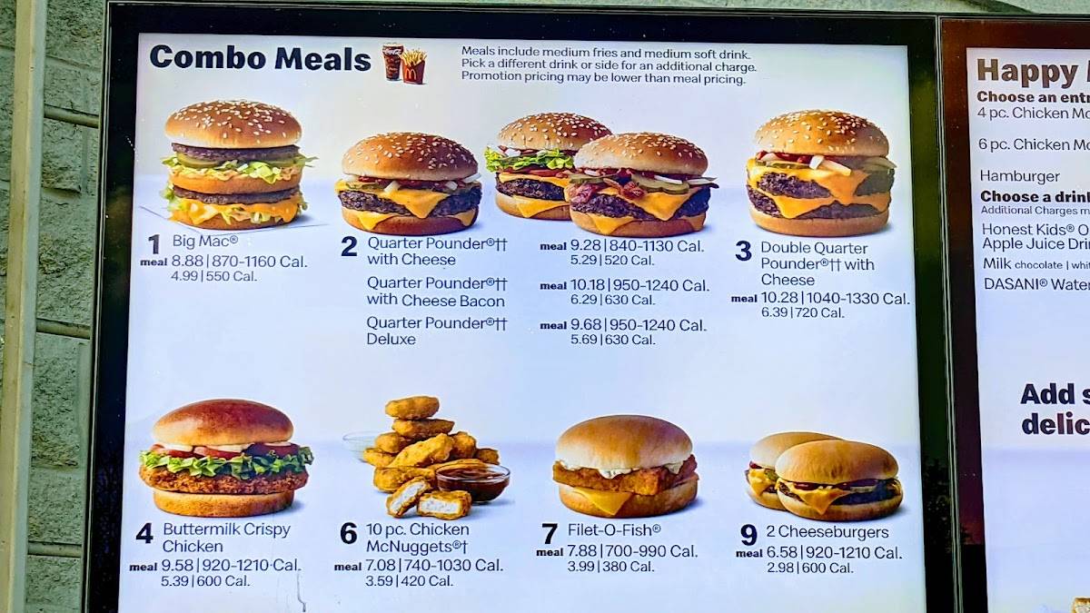 Menu at McDonald's fast food, Belleville, 173 Franklin St