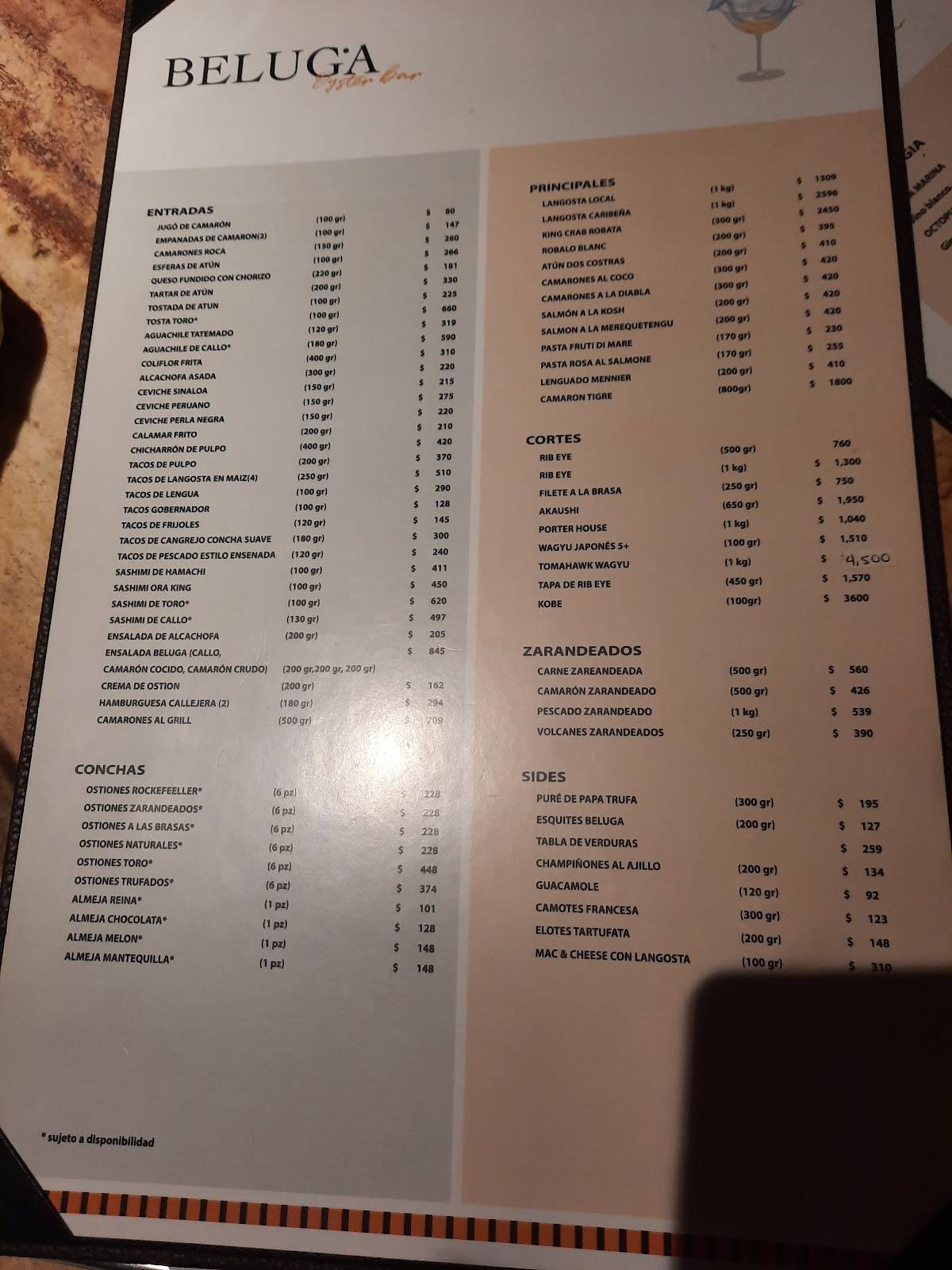 Carta del restaurante Beluga, Monterrey