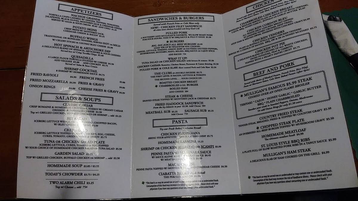 Menu at Mulligan's restaurant, Biddeford