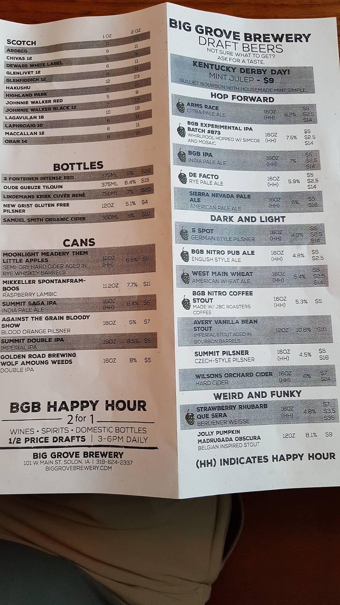 Menu at Big Grove Brewpub-Solon, Solon