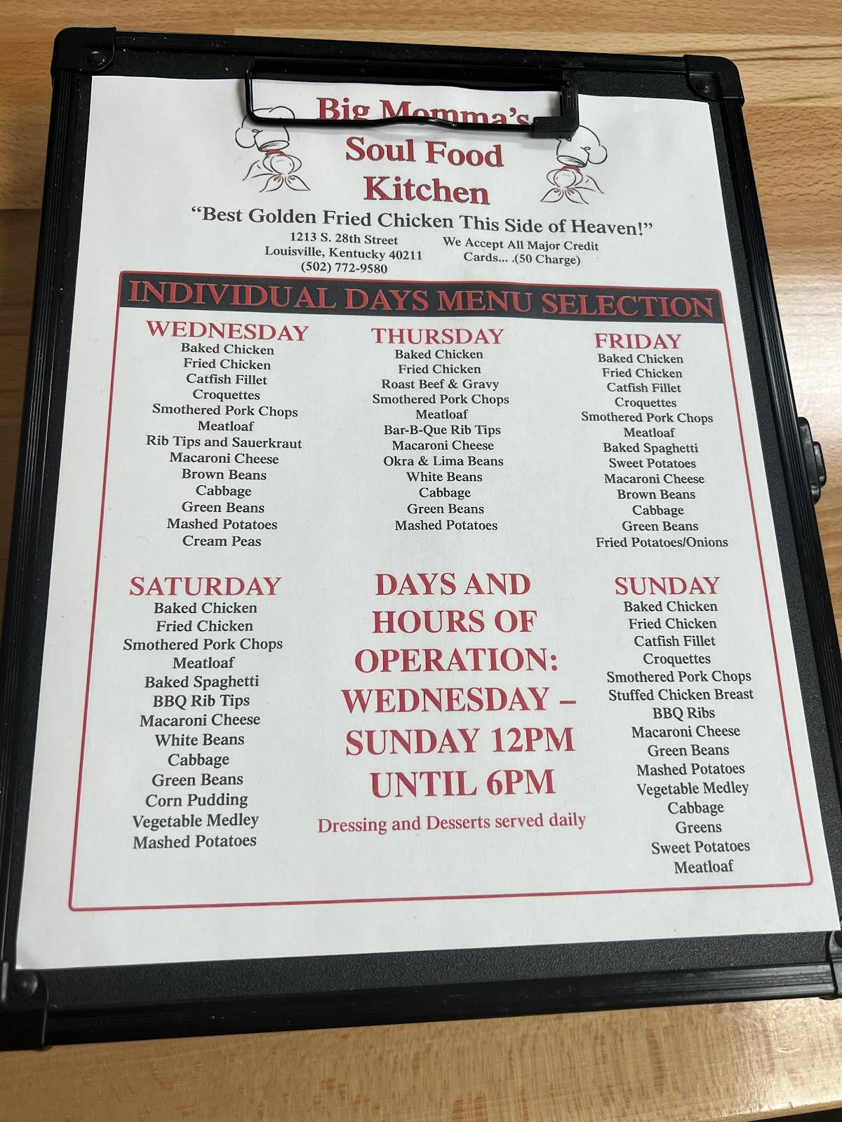 Menu at Big Momma's Soul Kitchen restaurant, Louisville, 1213 S 28th St