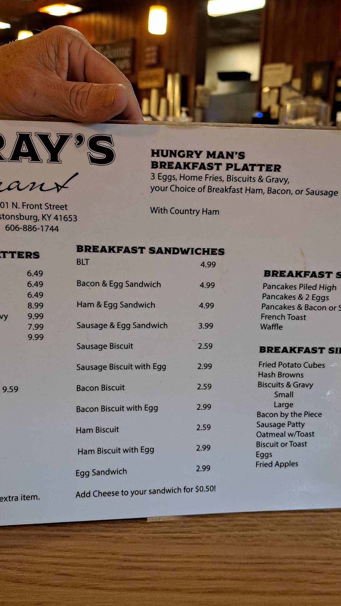 Menu at Billy Ray's Restaurant, Prestonsburg, 101 N Front St