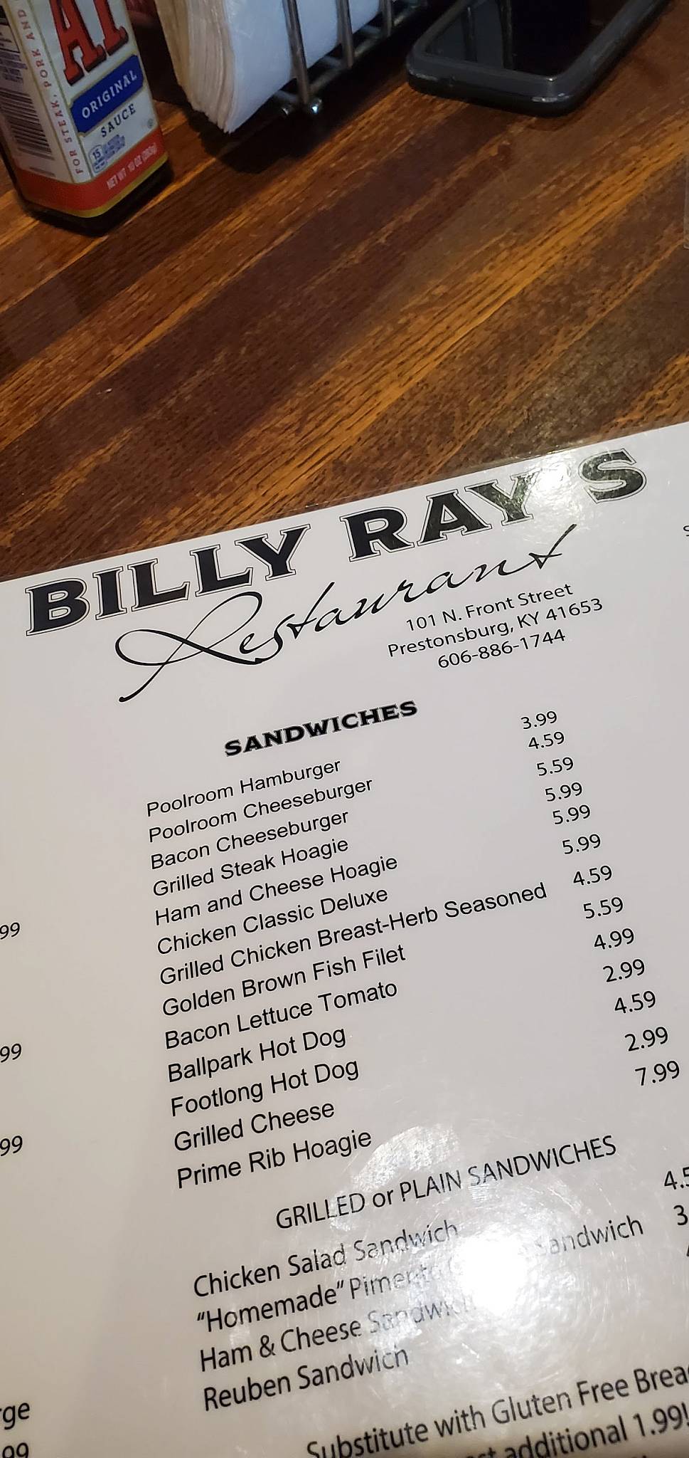 Menu at Billy Ray's Restaurant, Prestonsburg, 101 N Front St