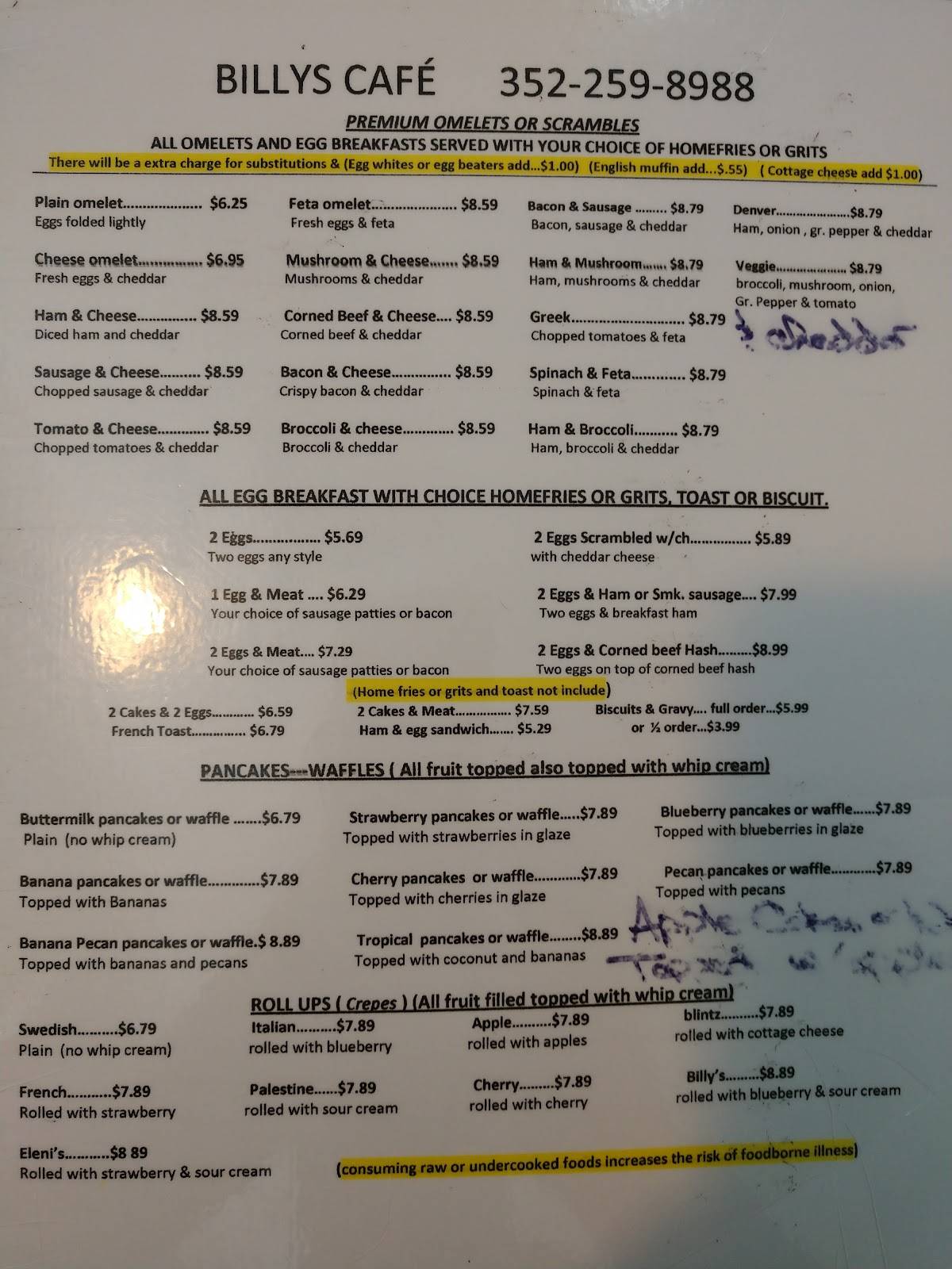 Menu at Billy's Cafe, Lady Lake