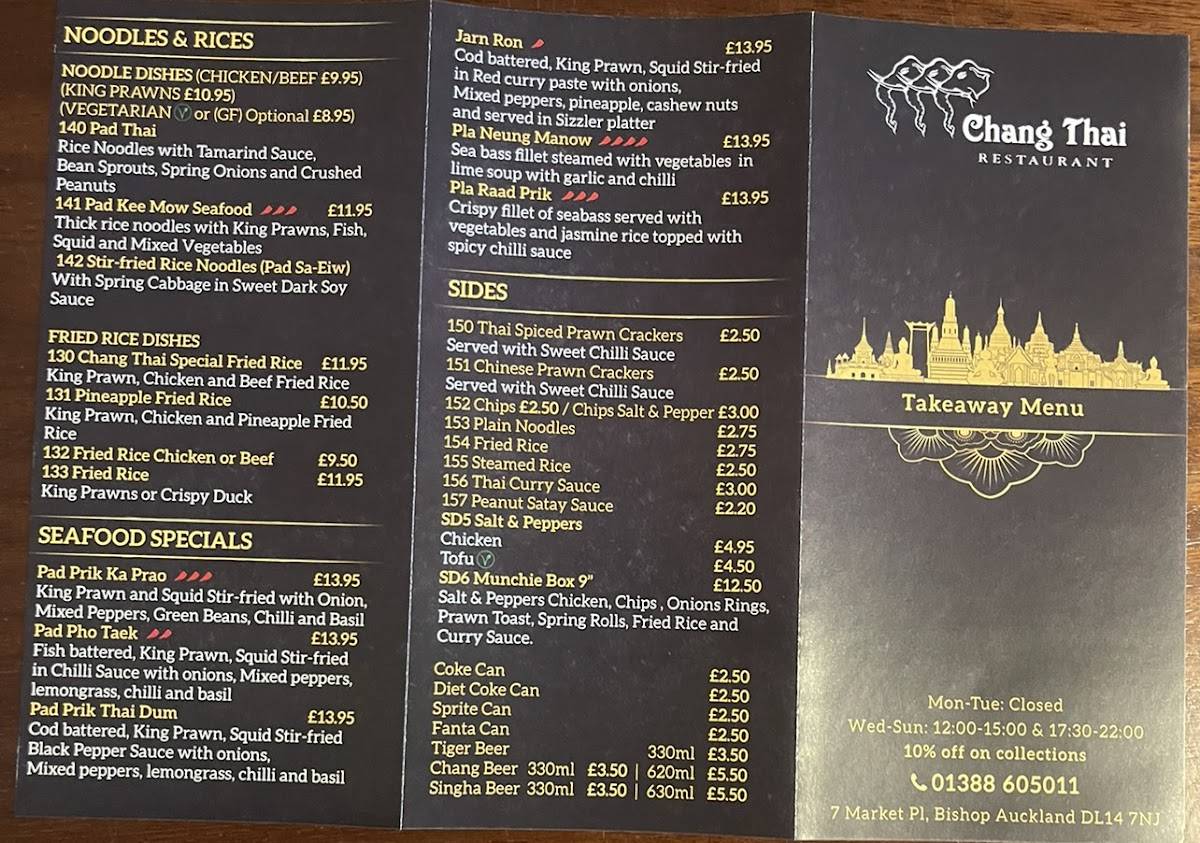 Menu at Chang Thai restaurant, Bishop Auckland