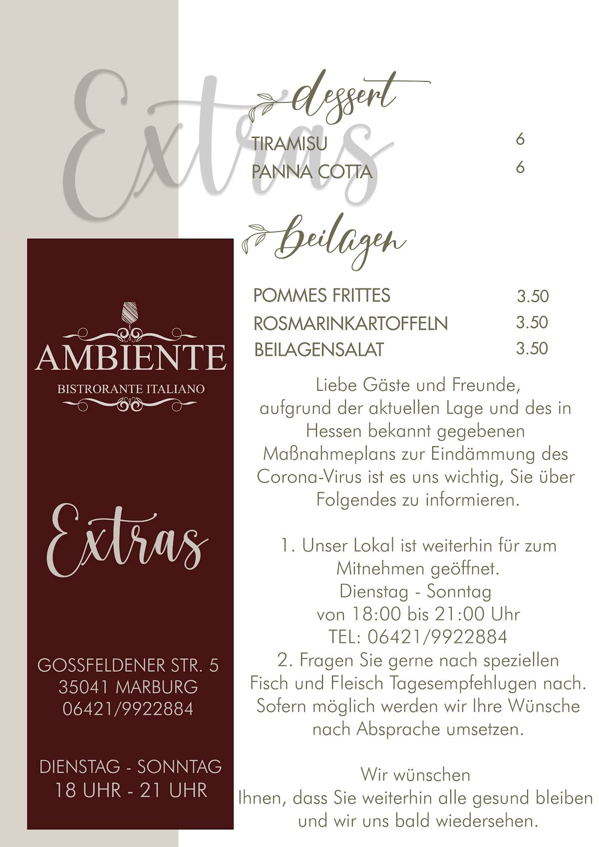 Speisekarte von Bistrorante Ambiente restaurant, Marburg