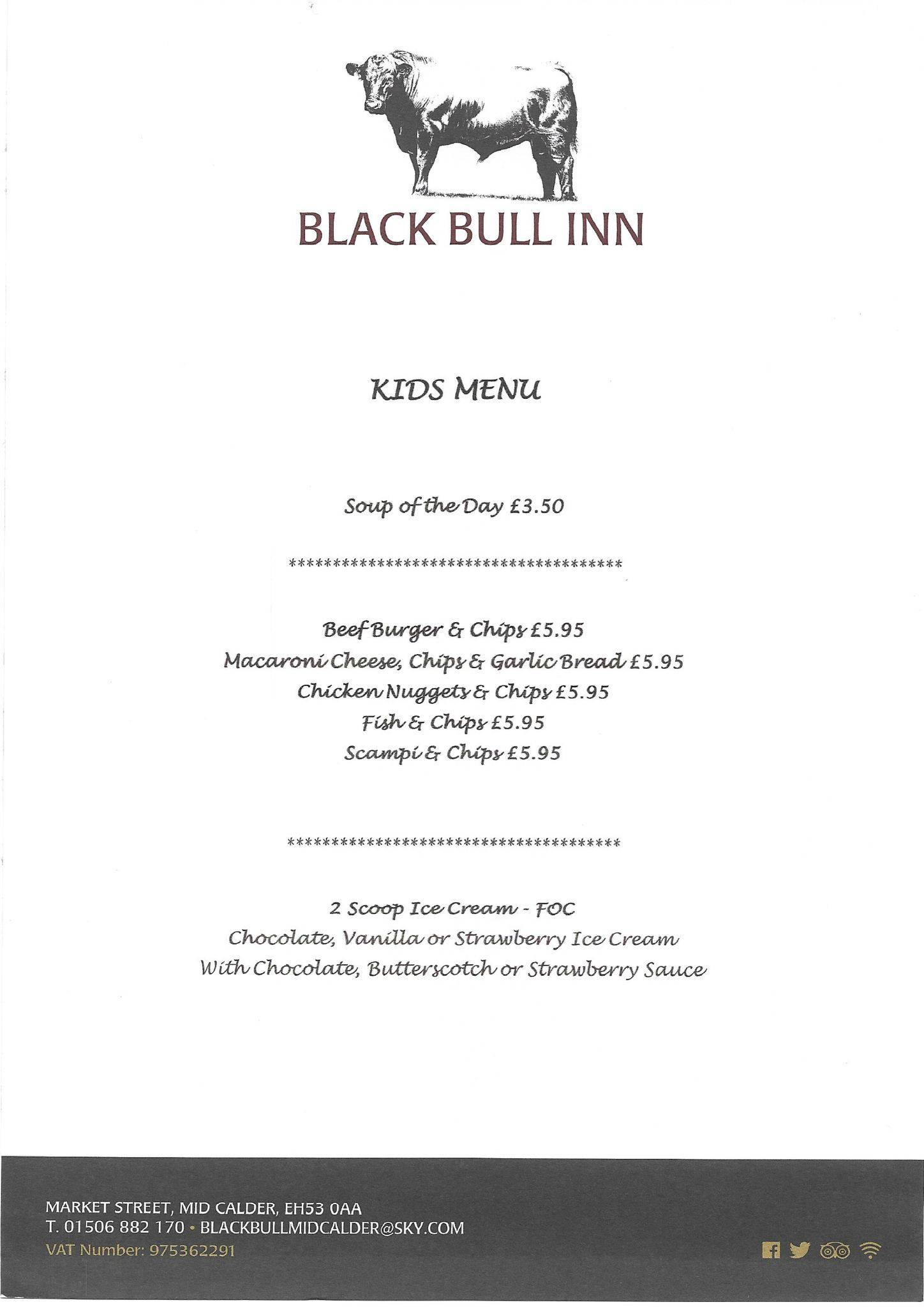 Menu at Black Bull Inn pub & bar, Livingston