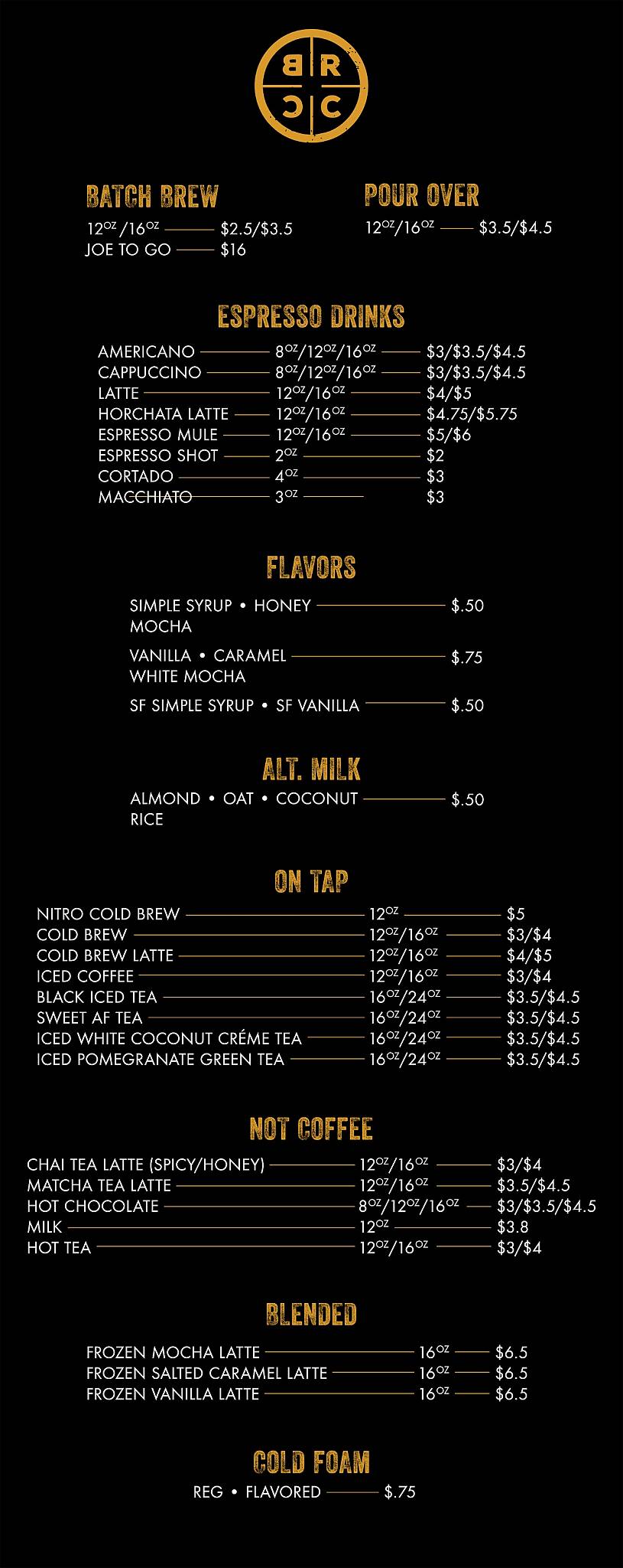 Menu at Black Rifle Coffee restaurant, Boerne