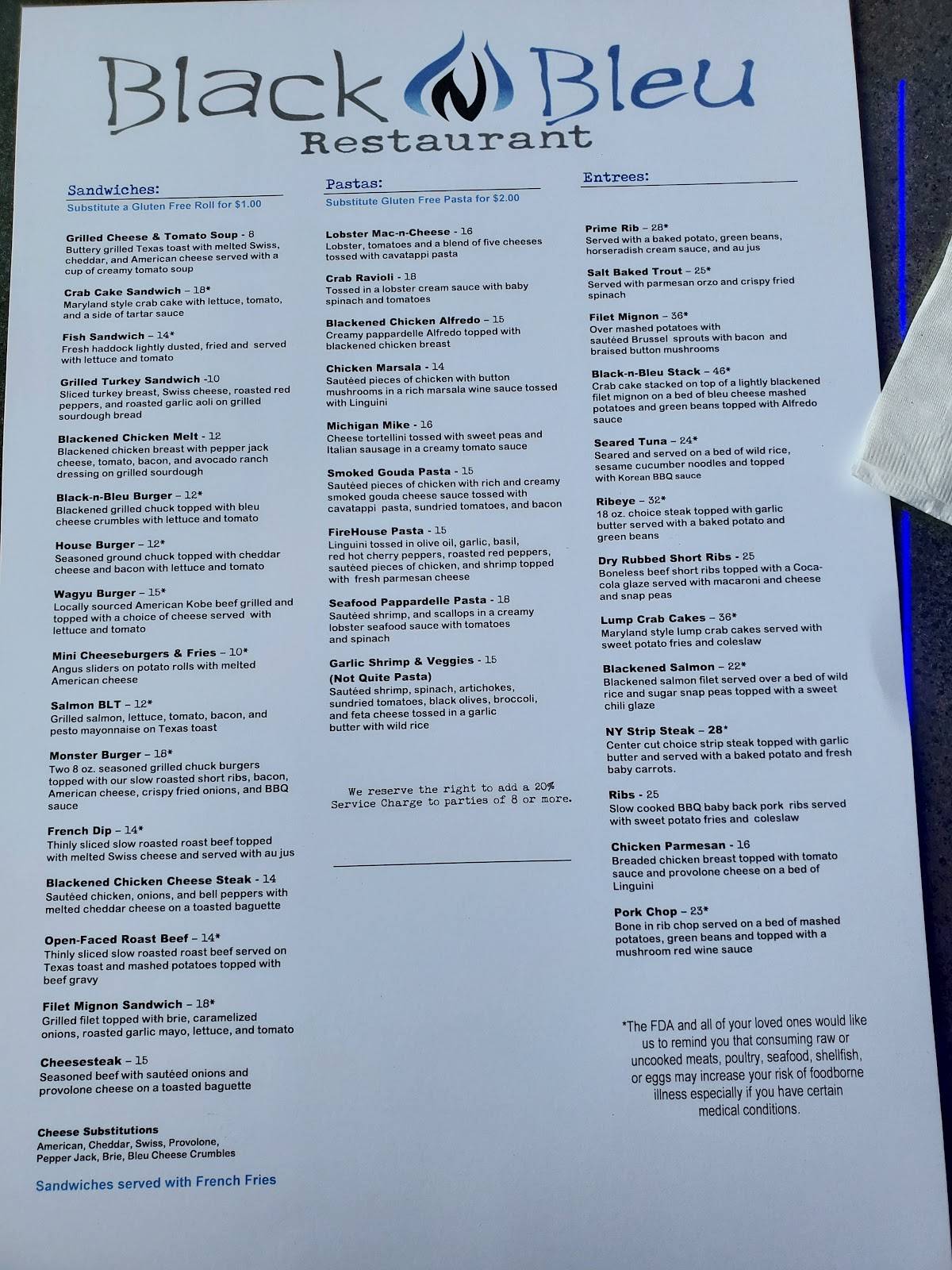 Menu at Black n Bleu Restaurant, Mechanicsburg