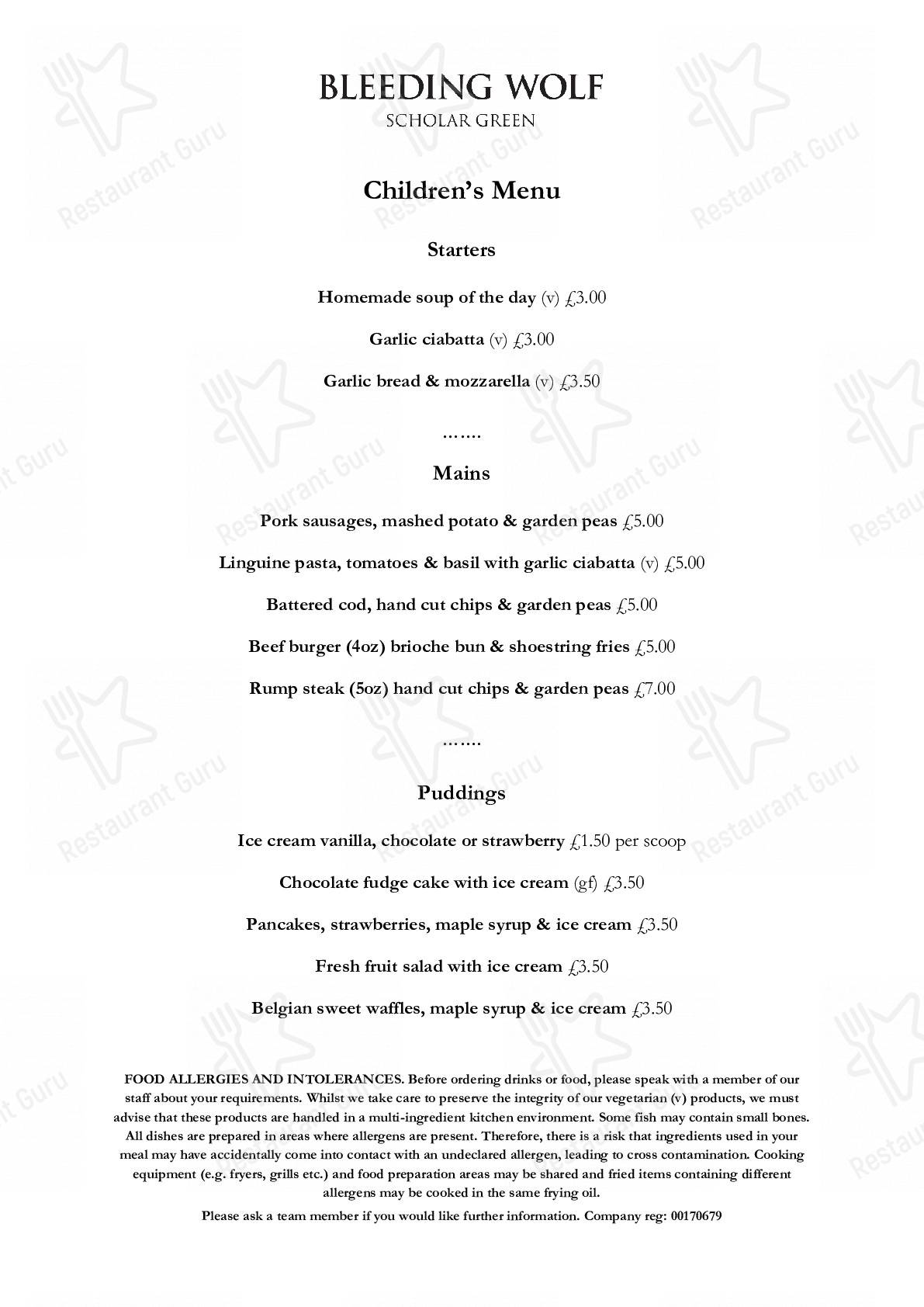Menu at Bleeding Wolf, Scholar Green pub & bar, Stoke-on-Trent