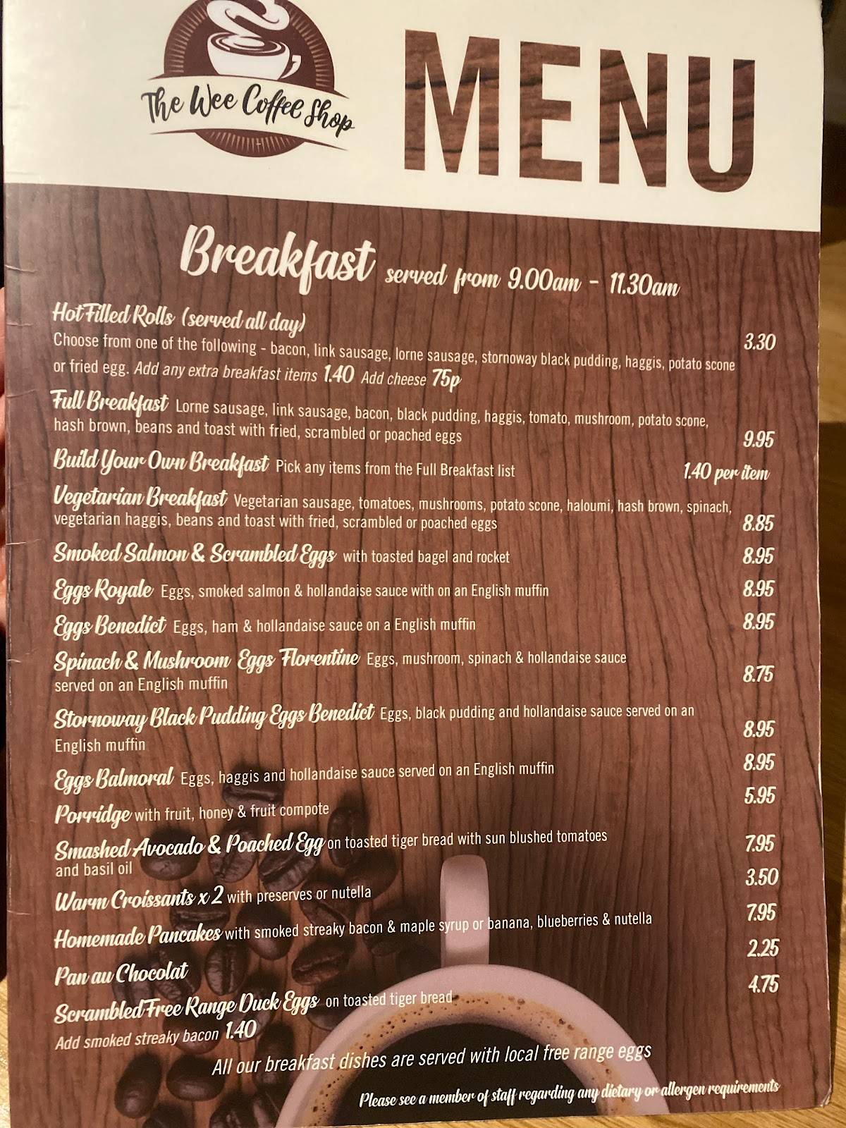 Menu at The Wee Coffee Shop cafe, Blairgowrie