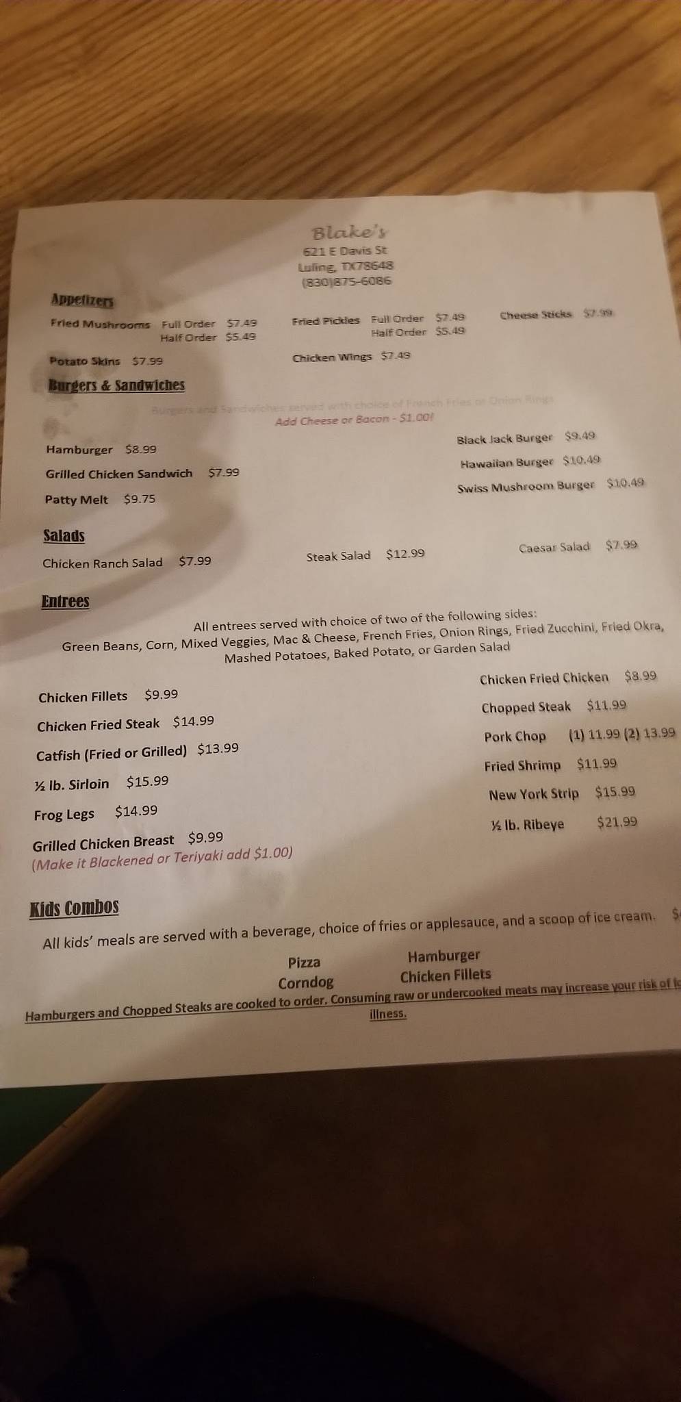 Menu at Blake's steakhouse, Luling