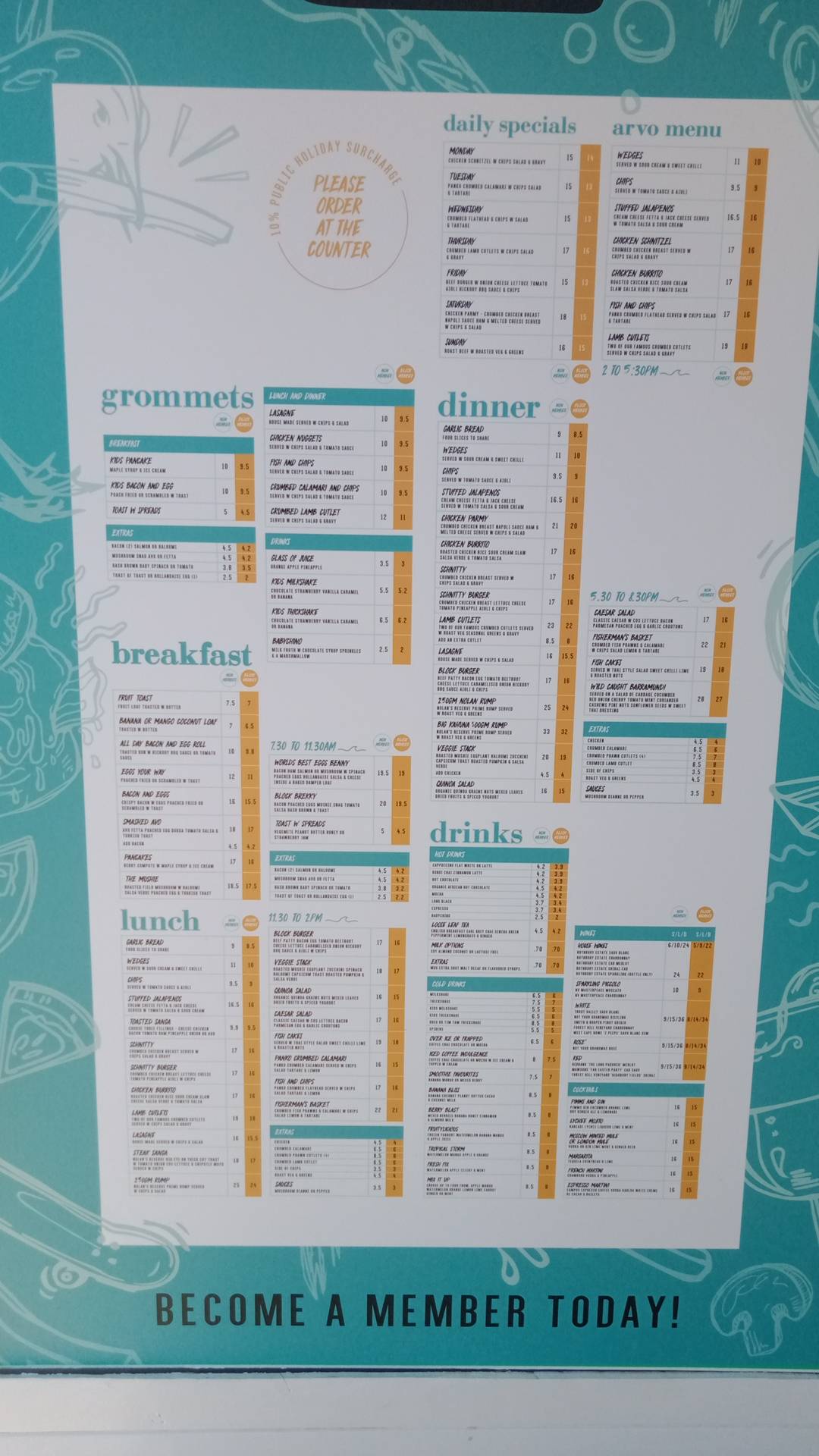 Menu at Block Bar Cafe, Yamba, 26 Coldstream St