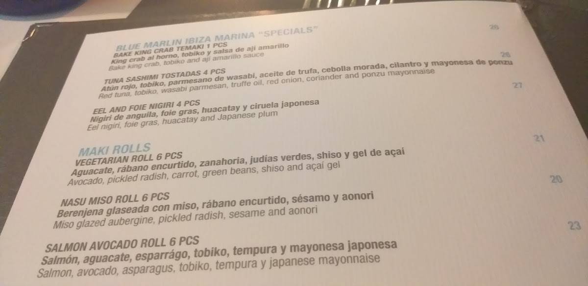 Menu at Blue Marlin Ibiza Marina restaurant, Ibiza
