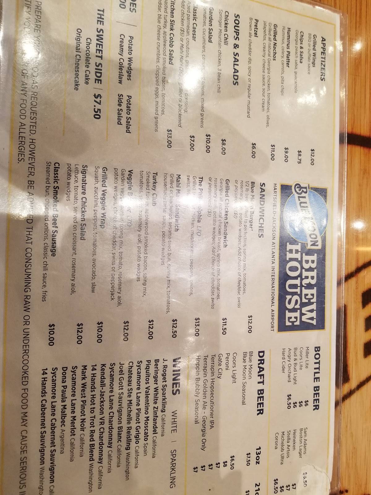 Menu at Blue Moon pub & bar, Atlanta, N Terminal Pkwy