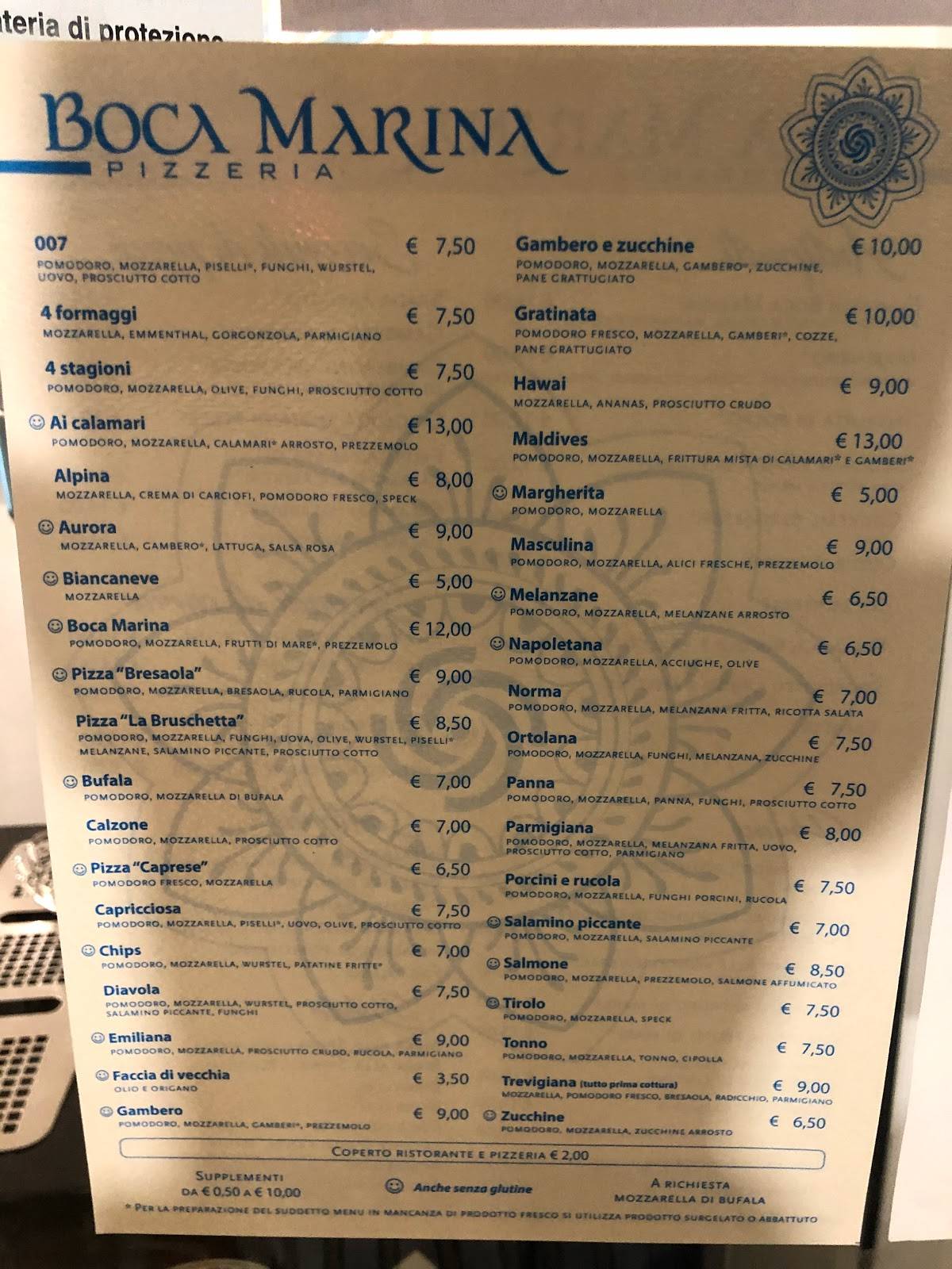 Menu da Boca Marina ristorante, Marina di Modica
