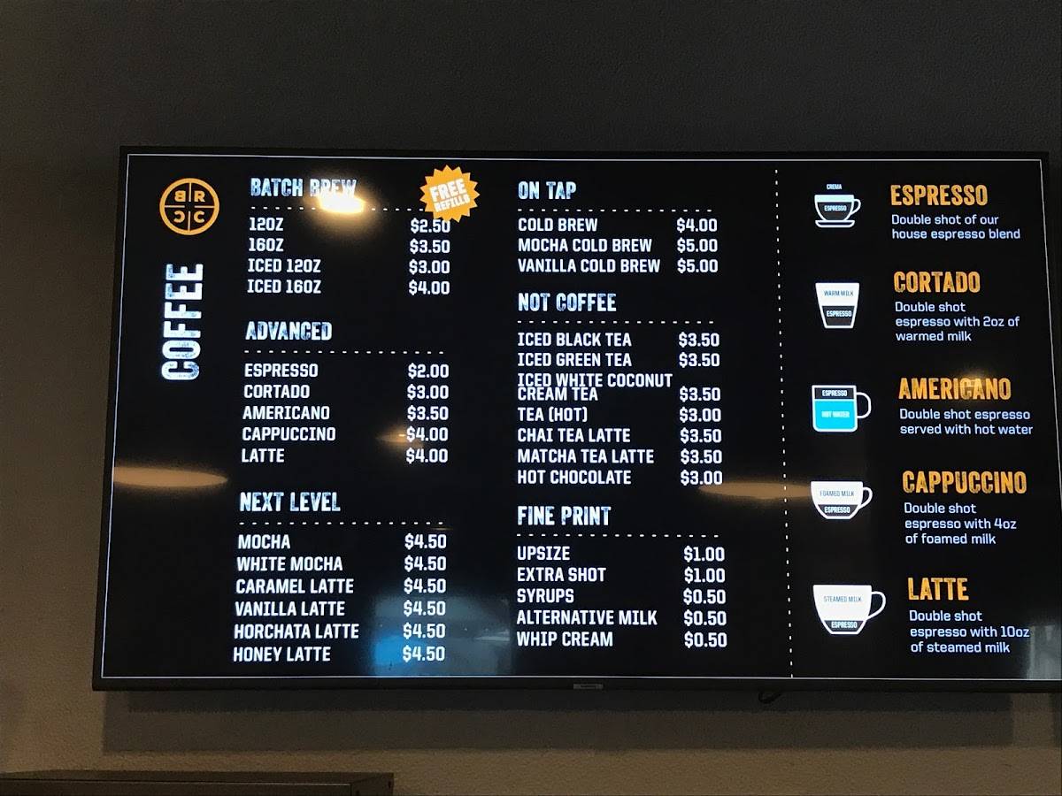 Menu at Black Rifle Coffee restaurant, Boerne