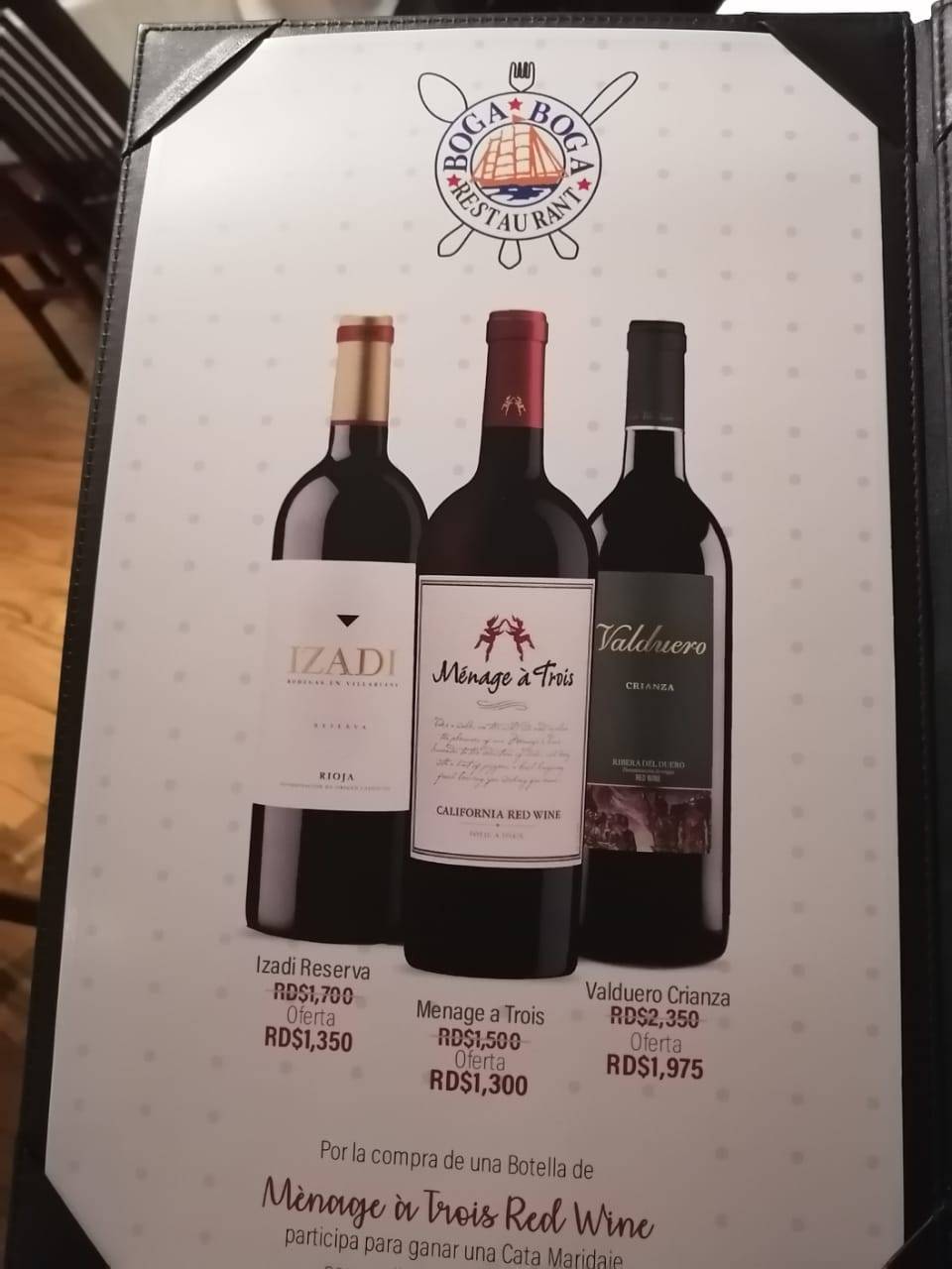Carta del restaurante Boga Boga, Santo Domingo
