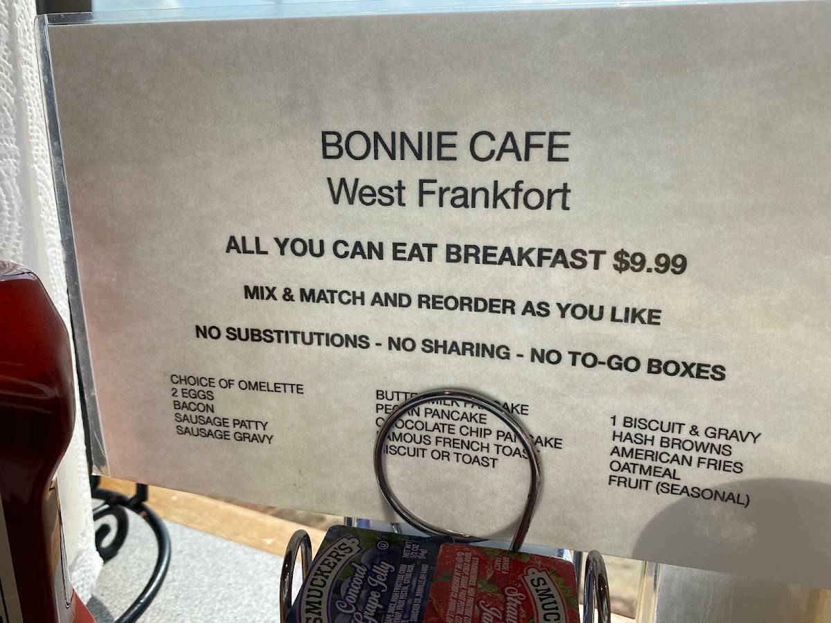Menu at Bonnie Cafe, West Frankfort