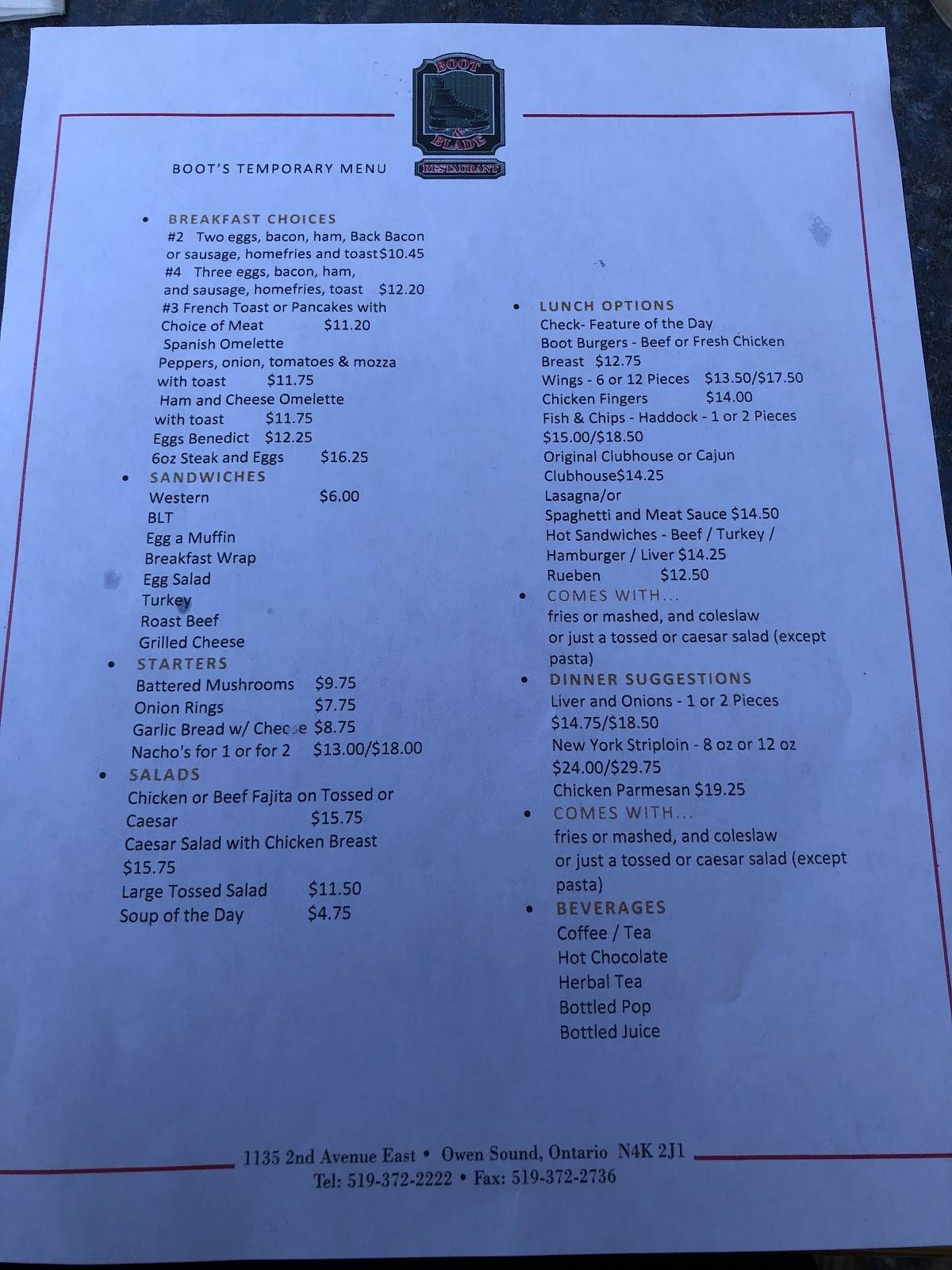 Menu at Boot & Blade Restaurant, Owen Sound