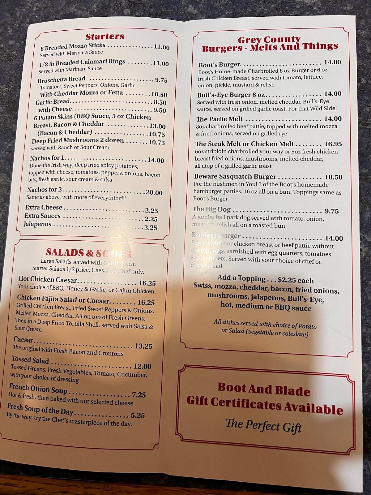 Menu at Boot & Blade Restaurant, Owen Sound