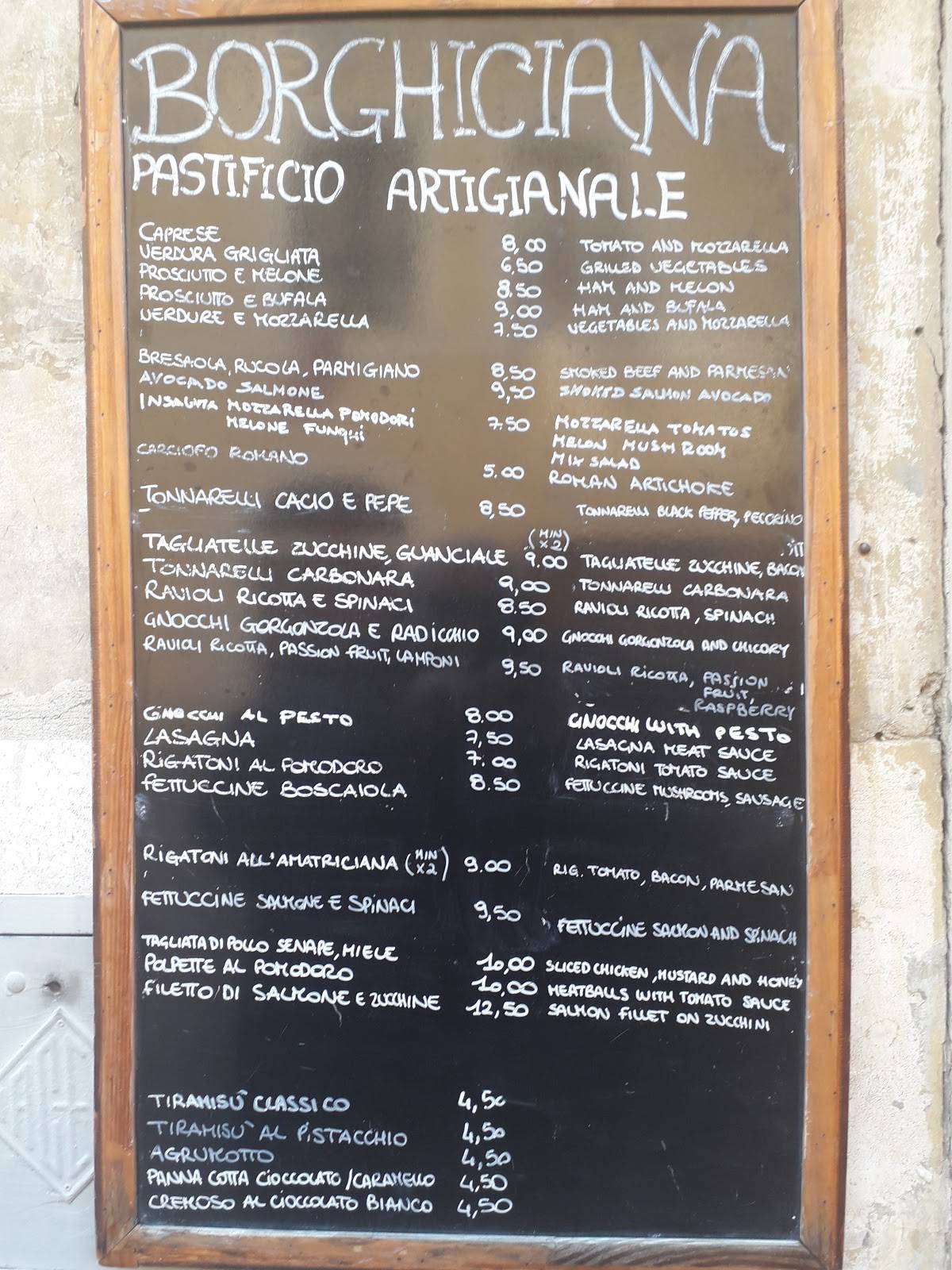 Menu at Borghiciana Pastificio Artigianale restaurant, Rome