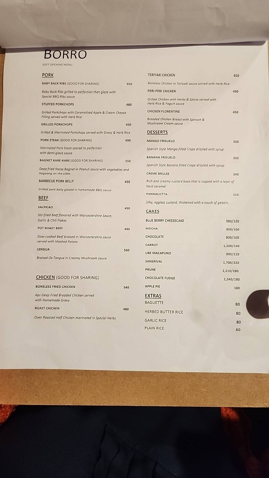Menu at Borro restaurant, Quezon City