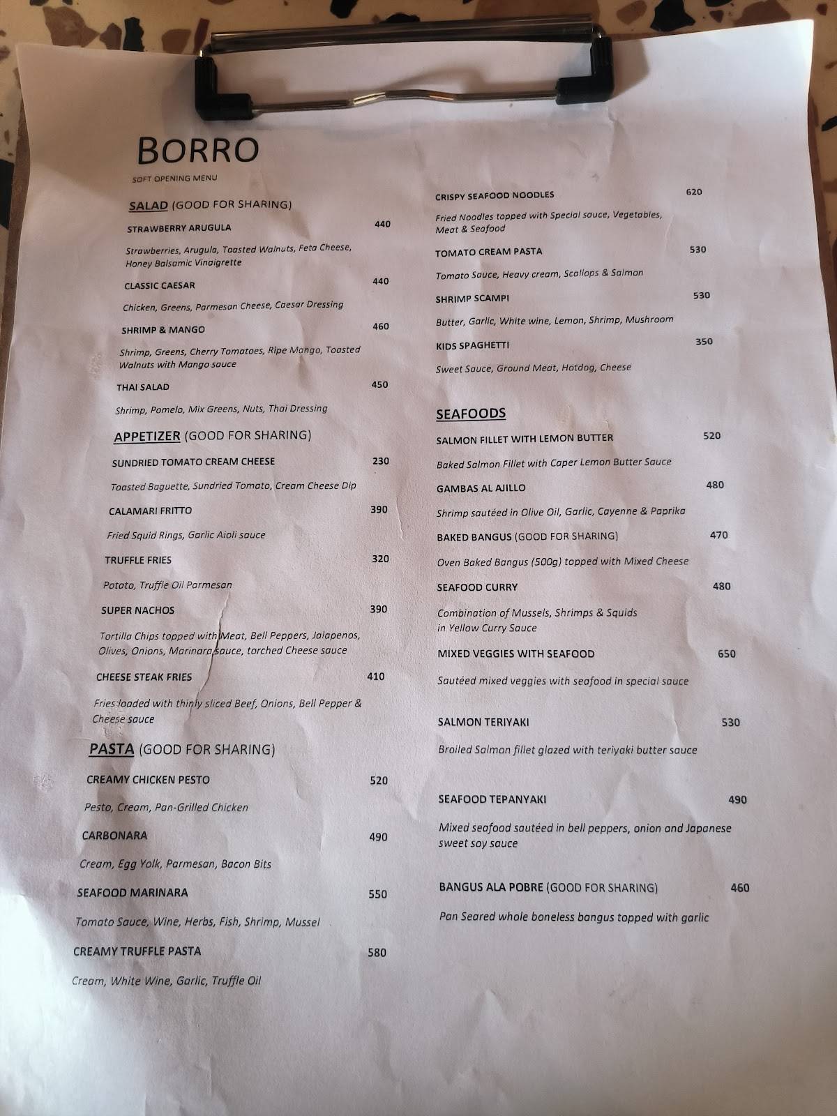 Menu at Borro restaurant, Quezon City