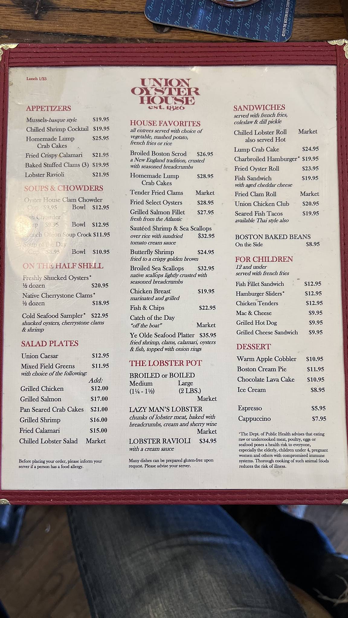 Menu at Union Oyster House restaurant, Boston
