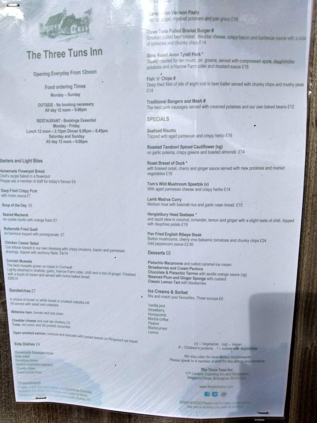 Menu at The Three Tuns pub & bar, Christchurch