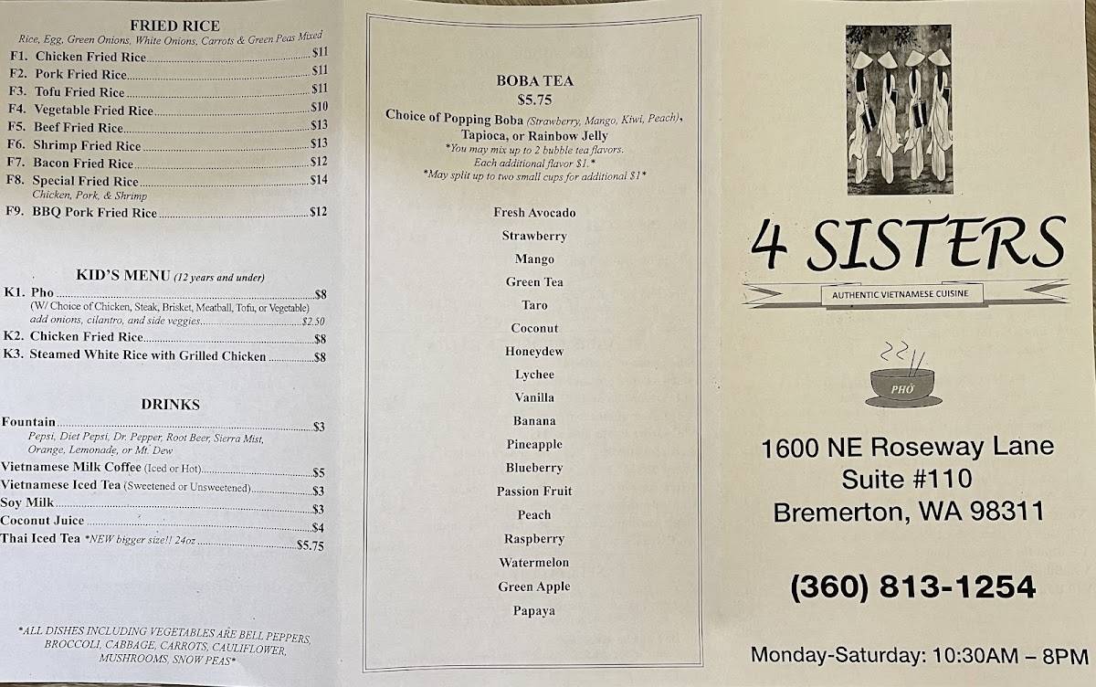 Menu at 4 Sisters Pho restaurant, Bremerton